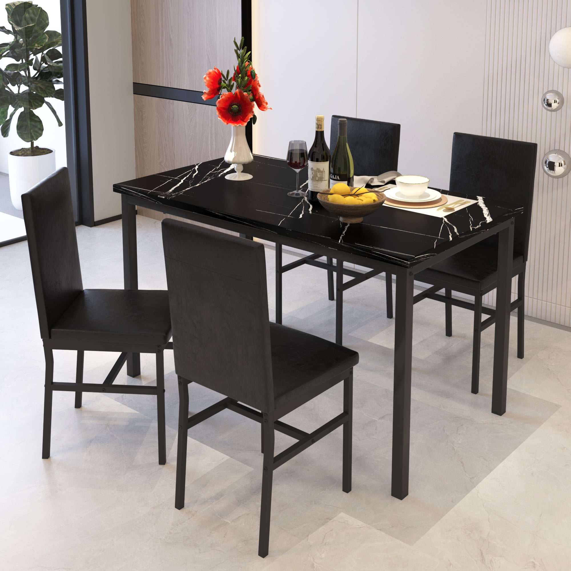 Dining Set for 4, 5-Piece Modern Dining Table and Chairs Set, Marble ...