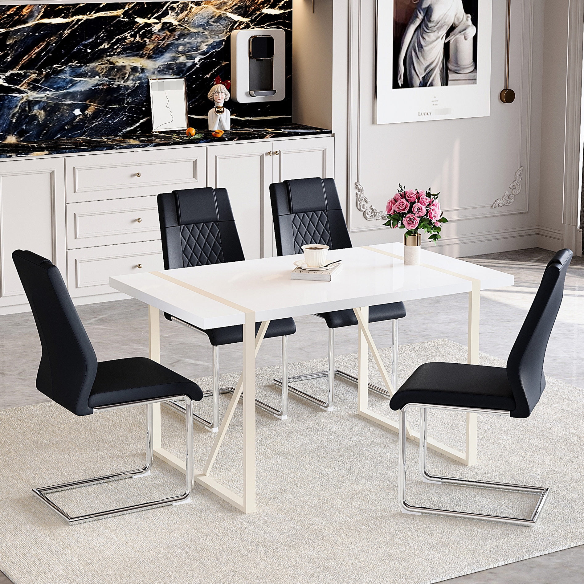 Dining Set with 4 Chairs | Suitable for Everyday Dining, Comfortable PU ...