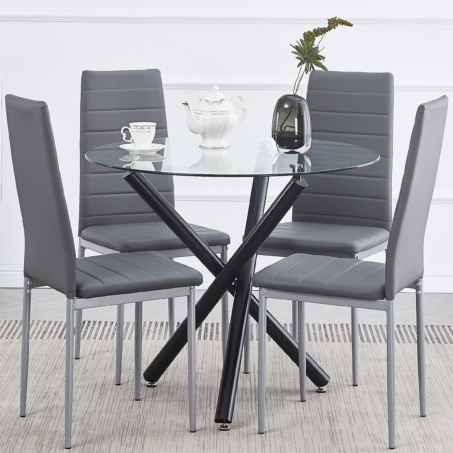 Dining Set for 4, ROZHOME Round Glass Dining Table with 3 Chrome Legs ...