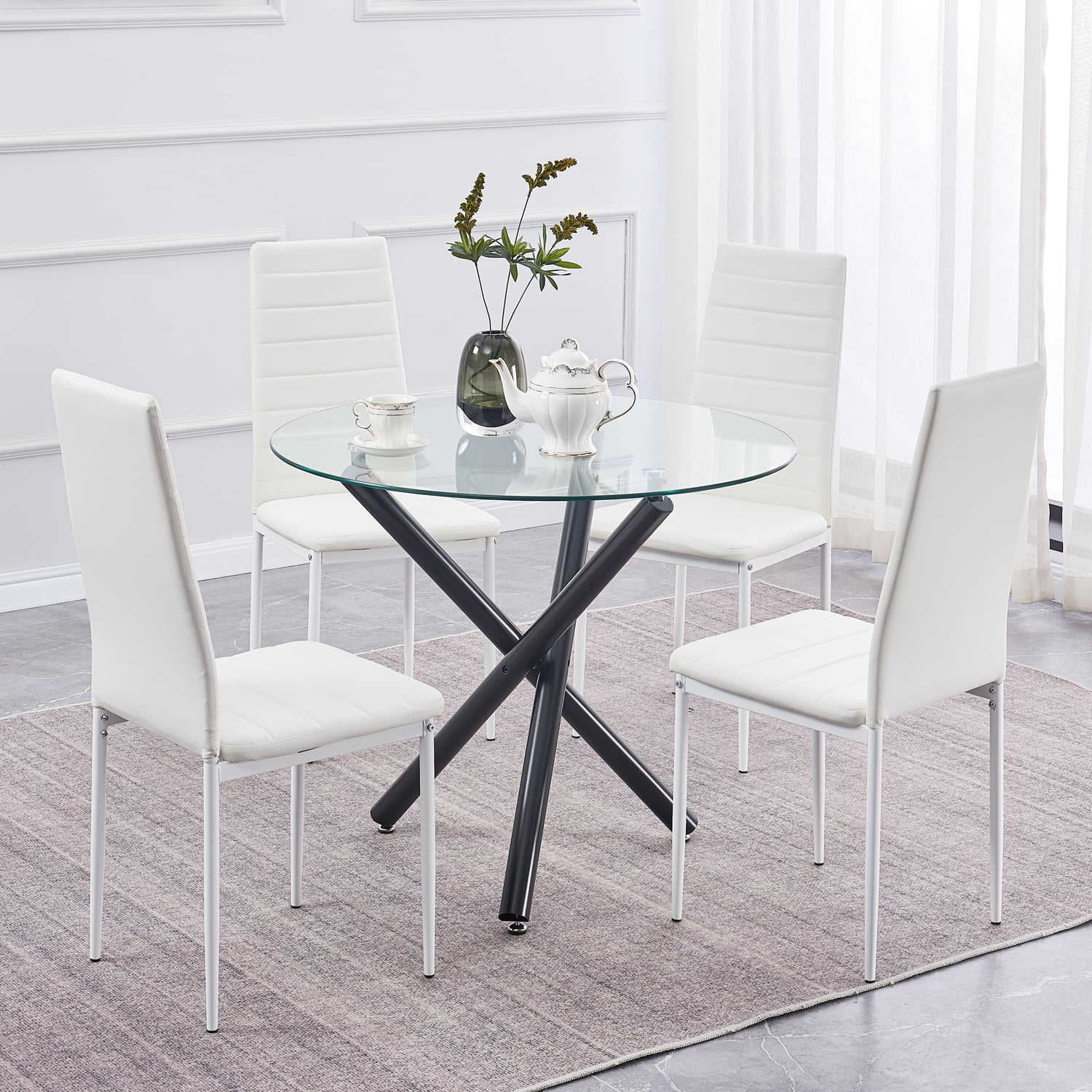 Modern Round Glass Dining Set for 4 with Chrome Legs and Black PU ...