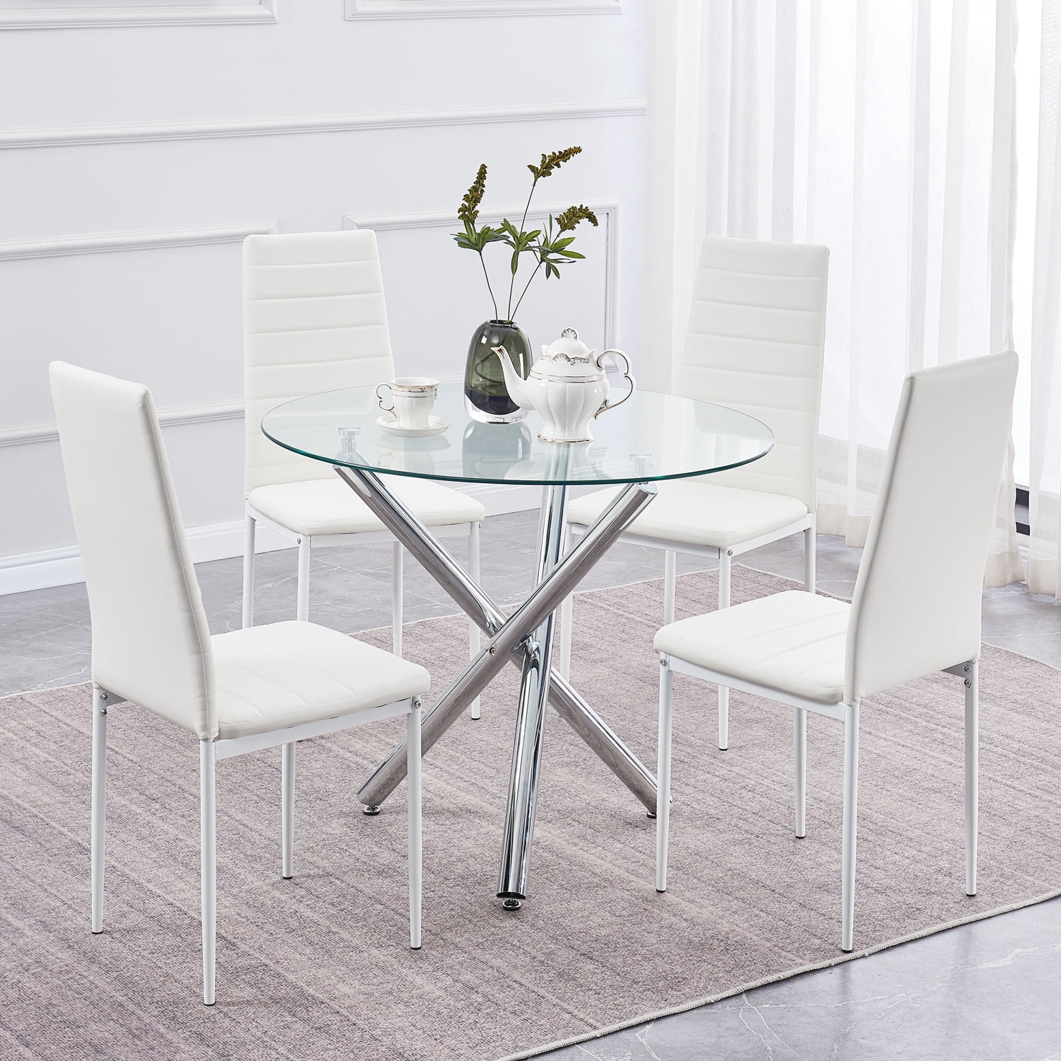 ROZHOME 4-Piece Dining Set, Round Glass Table, 3 Chrome Legs, 4 White ...