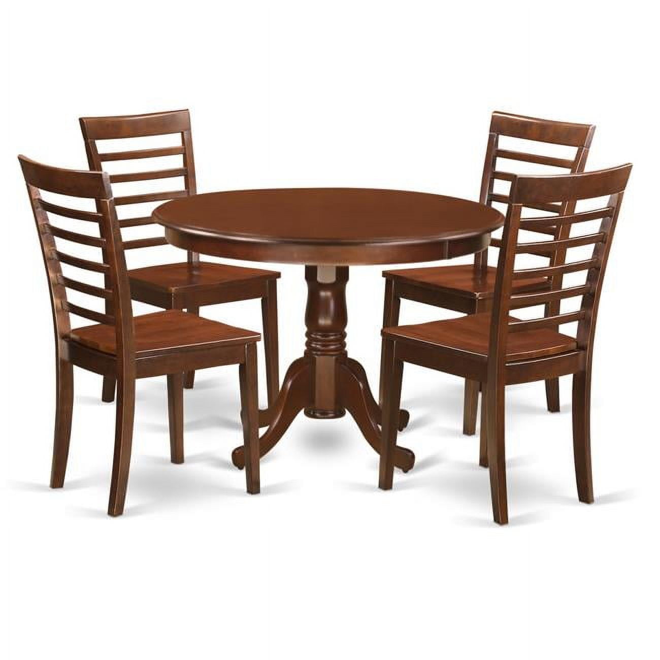 Dining Set - One Round Table & 4 Chairs with Wood Seat, Mahogany - 5 ...