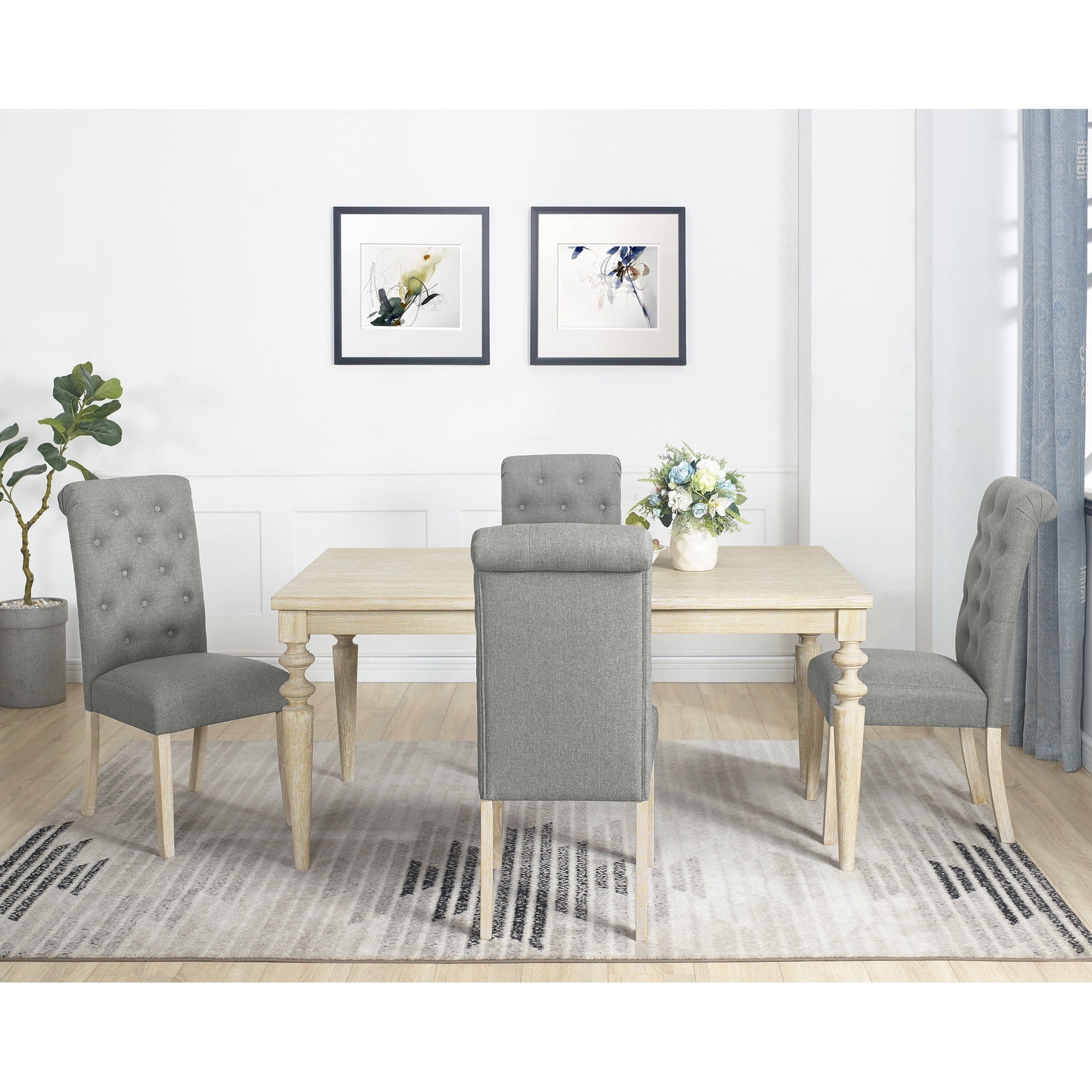 Dining Set: Rectangular Table with Turned Legs and 4 Button-Tufted ...