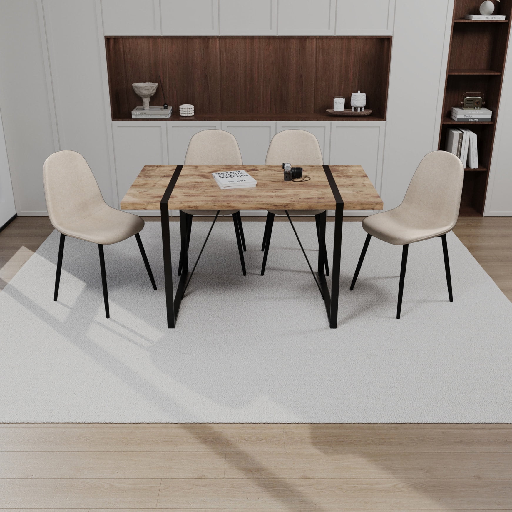 Dining Set Solution / Dark Wood MDF Table, Matte Black Metal Leg Chairs ...