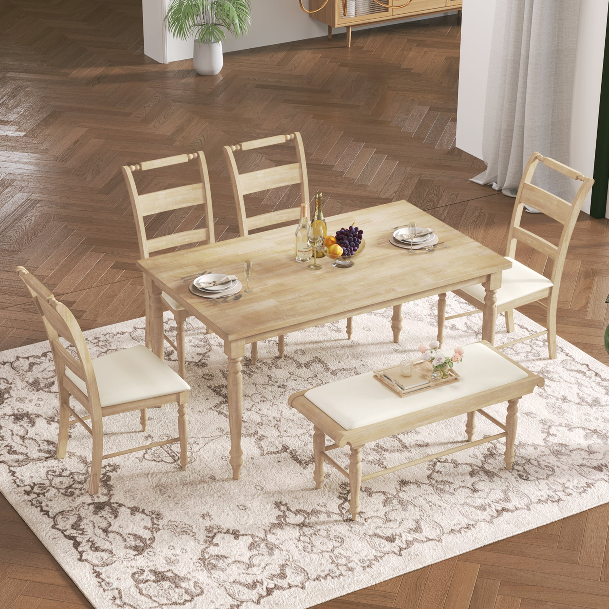 Dining Set with Turned Legs, 6 Piece Dining Table Set with Bench and 4 Upholstered Chairs ...