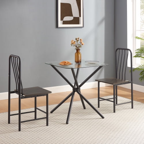Dining Set for 2, Square Glass Tempered Dining Table with 4 Legs and 2 ...