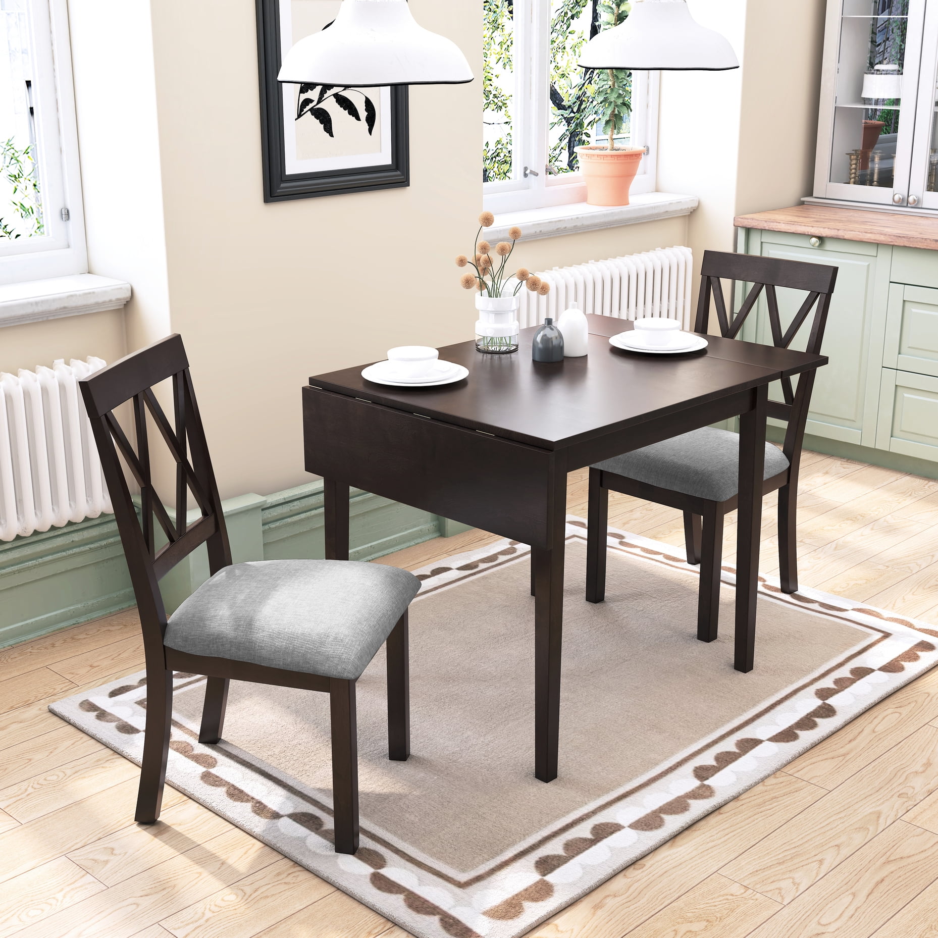 Dining Set for Compact Spaces / 2 Upholstered Seats, Extendable Table ...