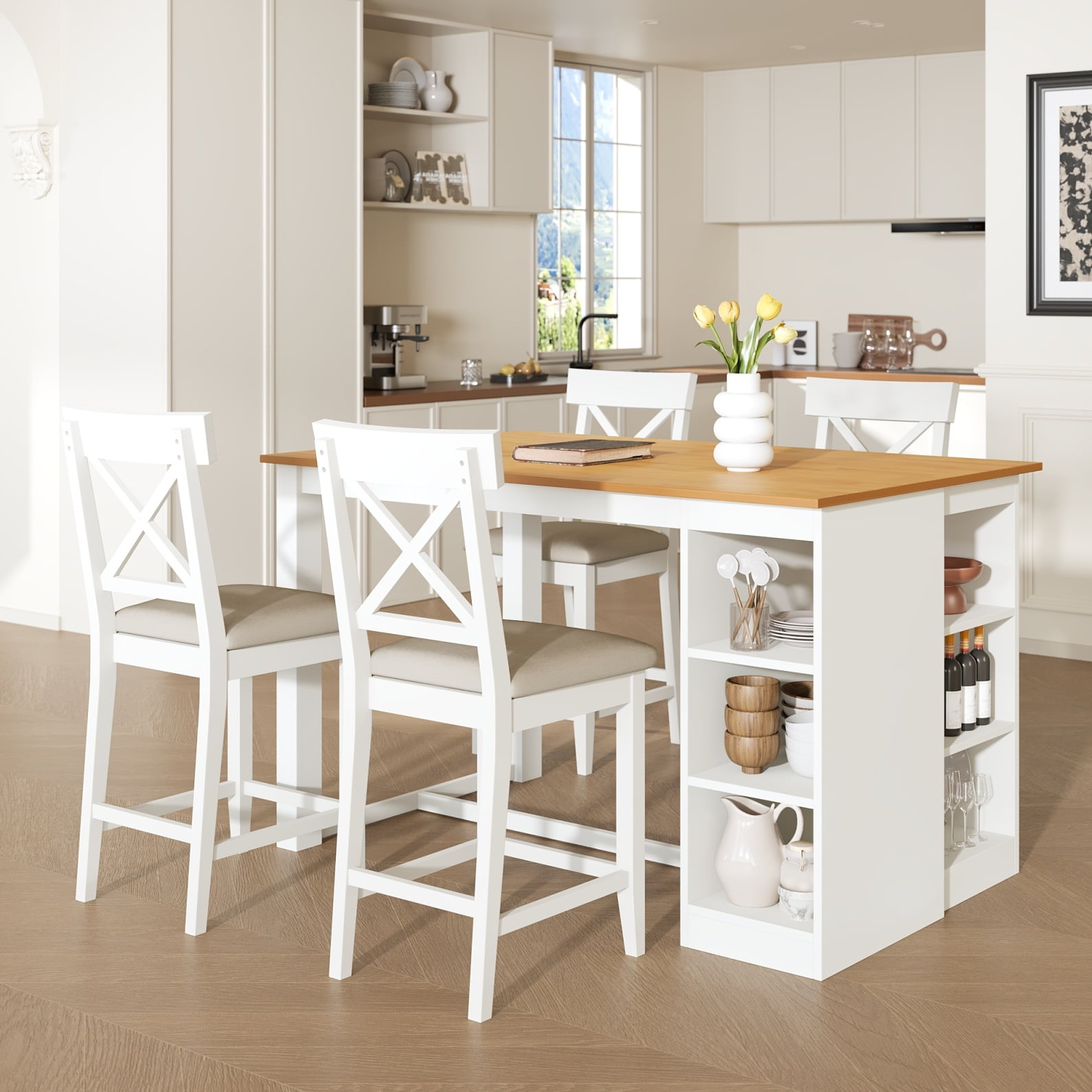Dining Set of 5, Solid Wood Farmhouse Counter Height Dining Table Set ...