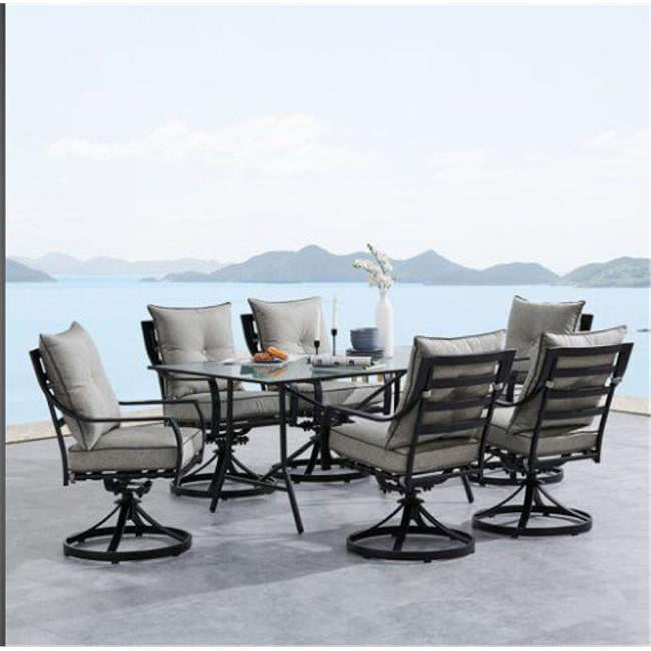 Dining Set with 6 Swivel Rockers & 66 x 38 in. Glass-Top Table - 7 ...