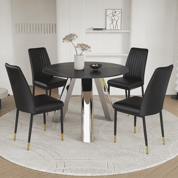[Dining Sets - Black Granite Round Table with Stainless Steel Legs and ...