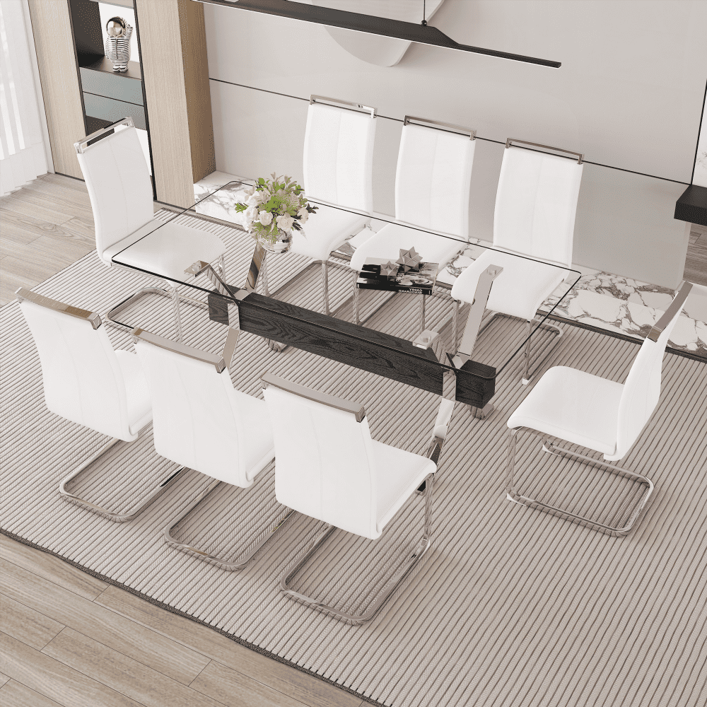 Dining Sets - Clear Tempered Glass with White PU Chairs - 71"x35.4 ...