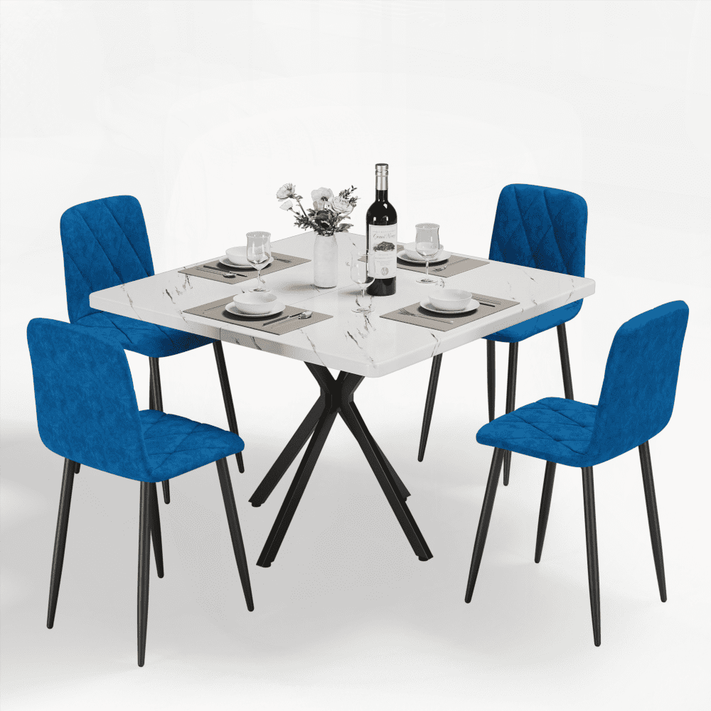 Dining Sets for 4 - MDF & Iron, Small Space Easy Assembly, White+blue ...