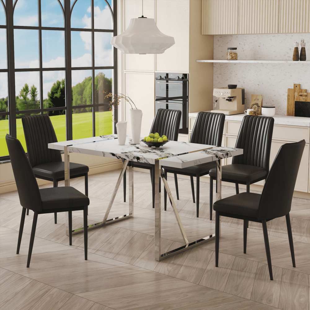 Dining Sets for Small Spaces, 55-inch White Faux Marble Table with 6 Black PU Leather Chairs ...