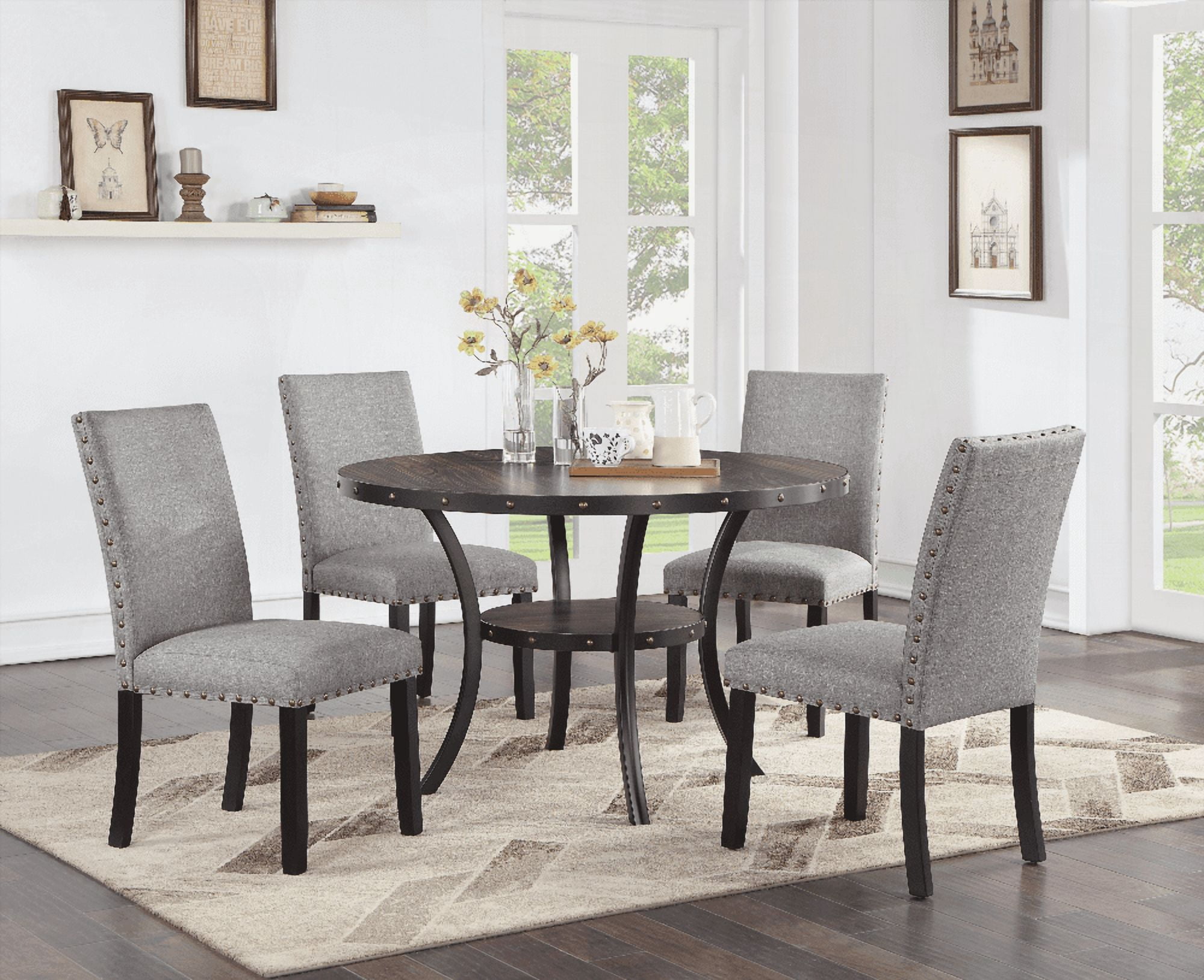 [Dining Sets for Small Spaces - Natural Wood Round with Gray Fabric ...
