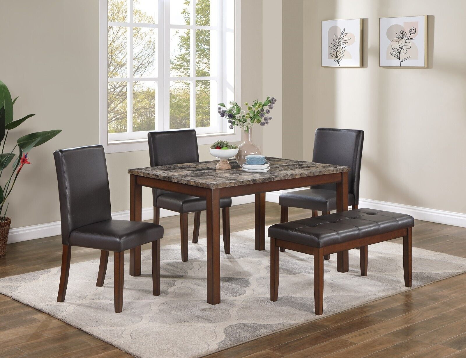 Dining Table 5pc Dining Set Espresso Finish Faux Leather 3x Chairs Bench Tufted Seat Faux Marble ...