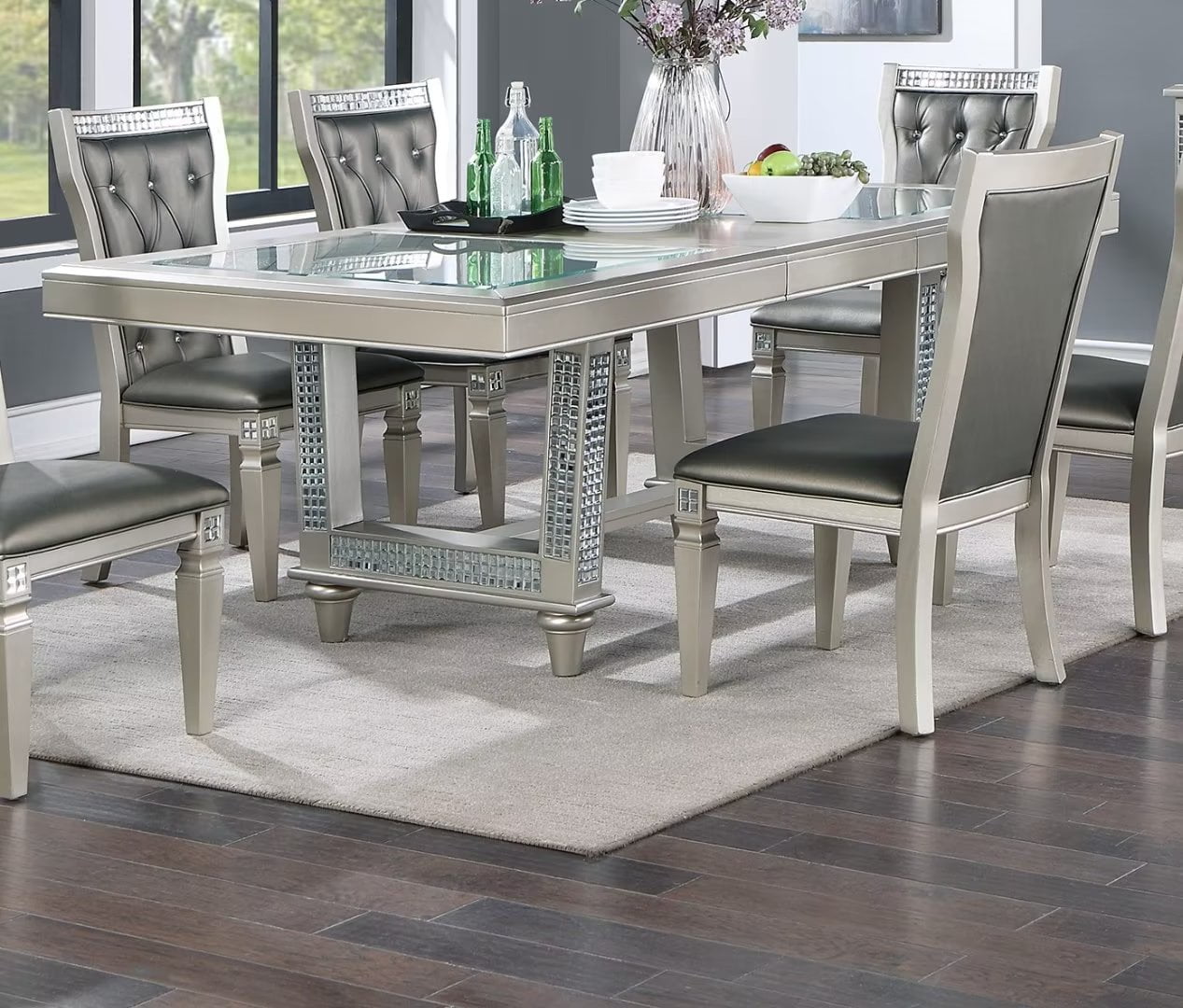 Traditional Dining Table for 6, Silver Hue Glass Top w/ Leaf, Luxurious ...