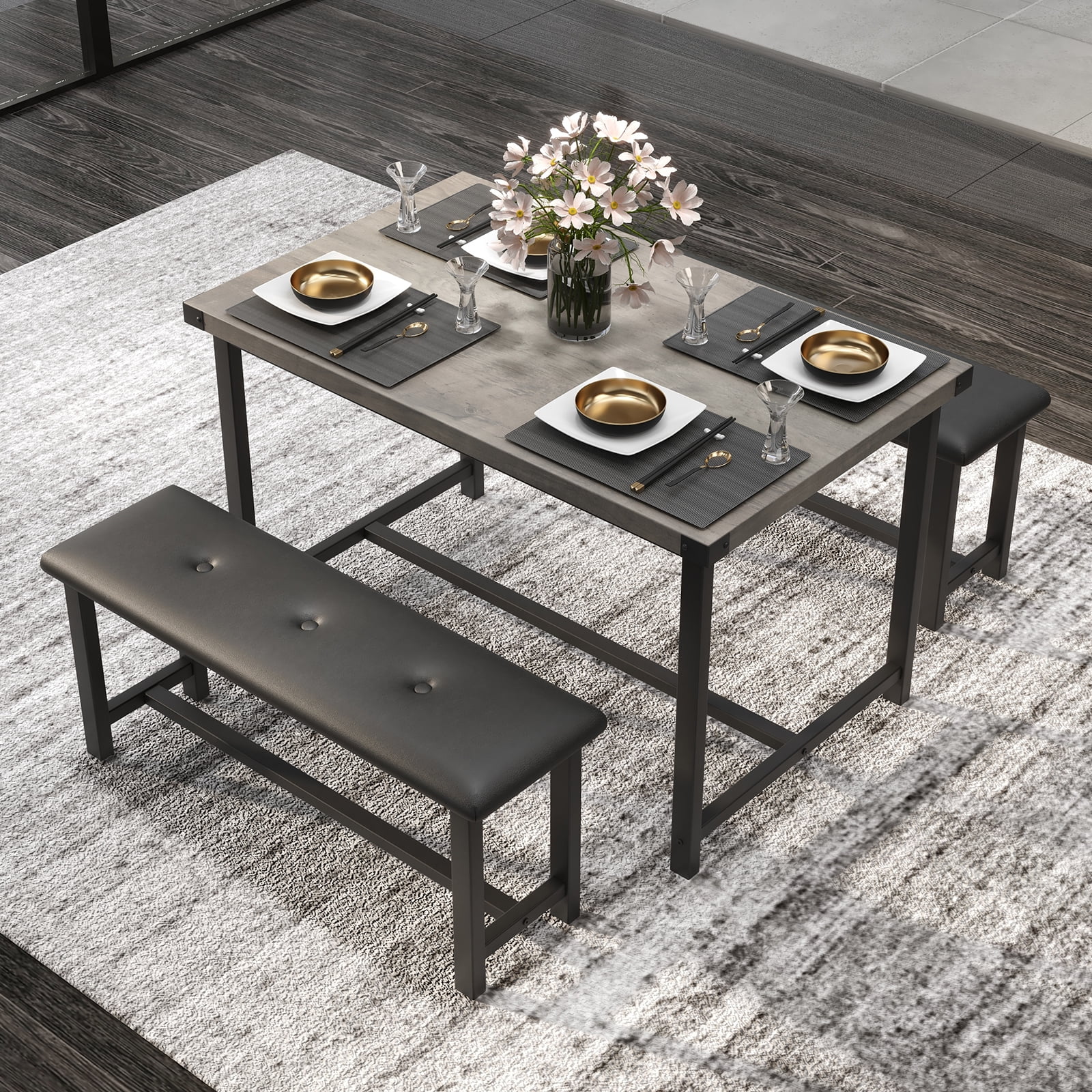 Dining Table with Bench, Dining Table Set, 3-Piece Dining Furniture Set ...