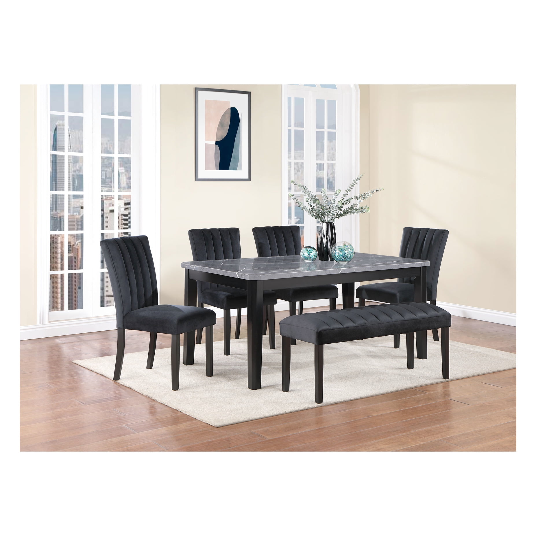 Dining Table And Chair In Grayish Hint, Rectangular Faux Marble Tabletop, 4 Seating ...
