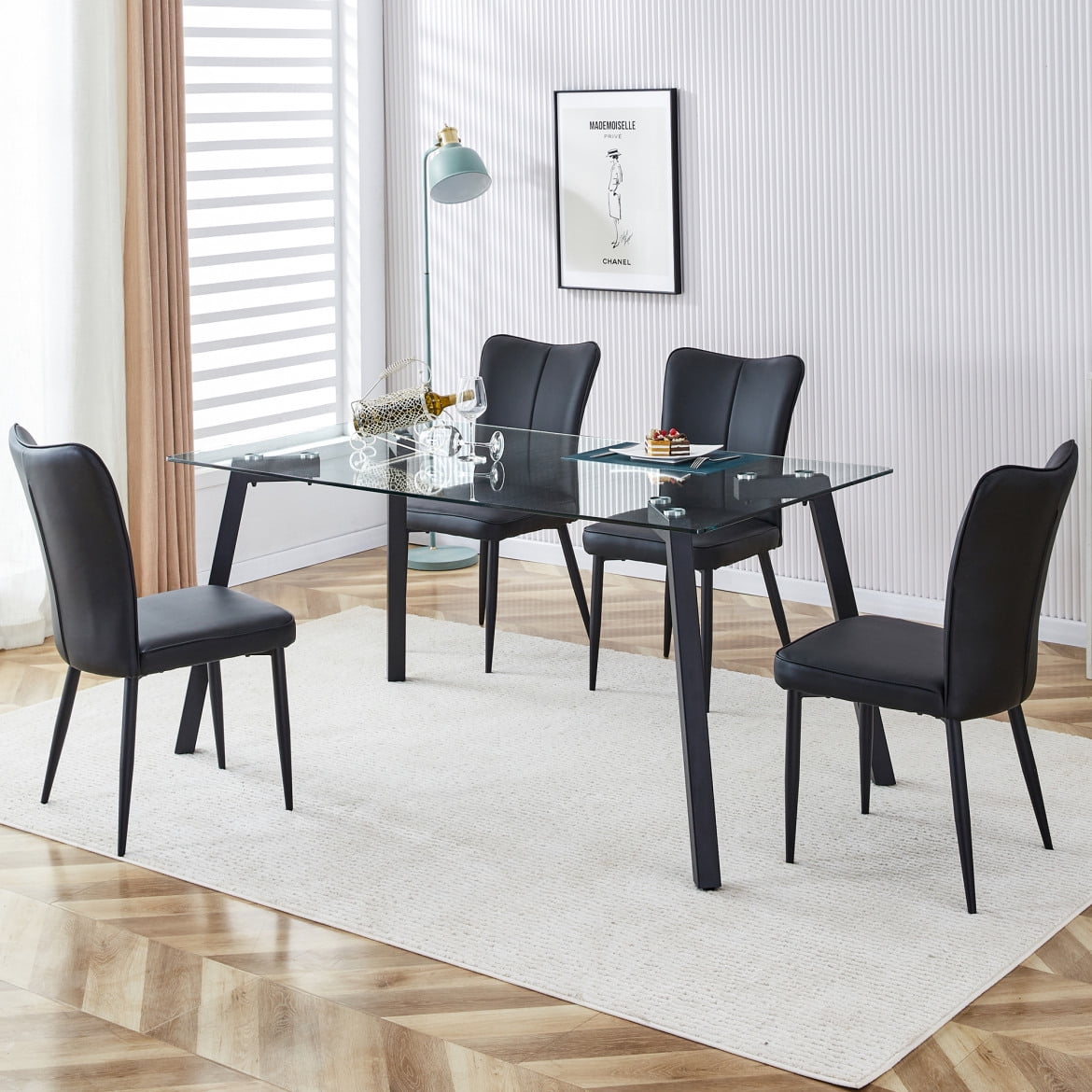 Dining Table and Chair Set, 1 Table with 4 Black Chairs, Rectangular ...