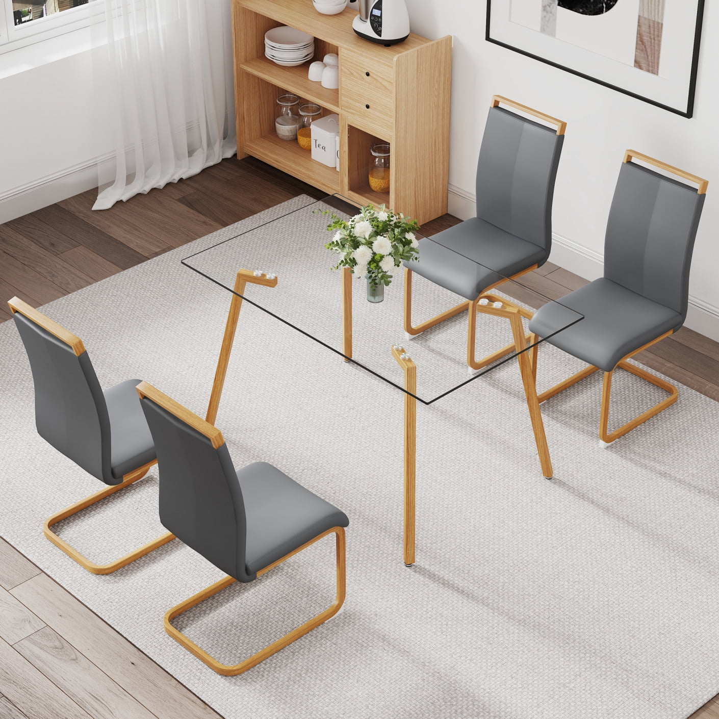 Dining Table and Chair Set, 1 Table with 4 Grey Chairs, Rectangular ...