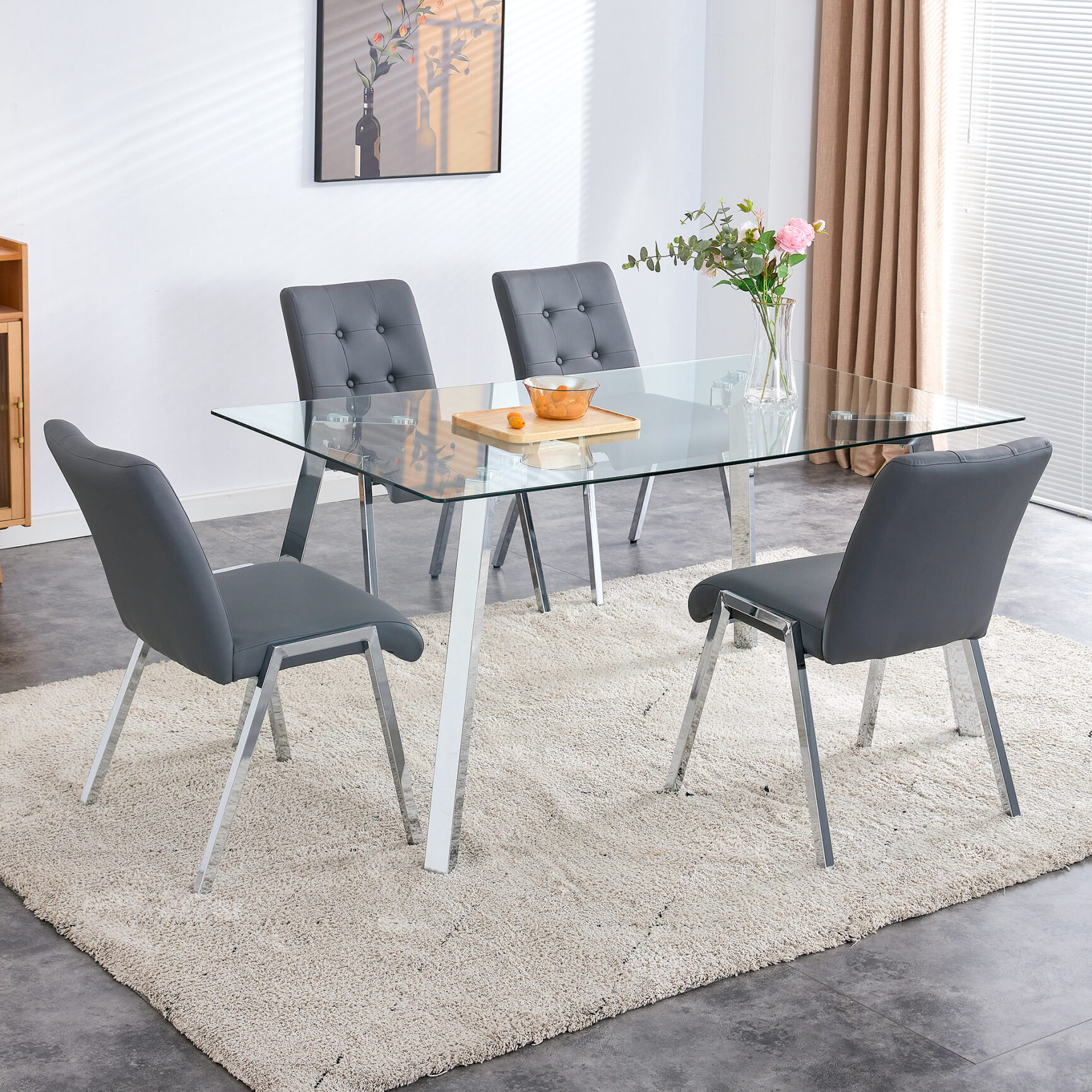 Dining Table and Chair Set, 1 Table with 4 Grey Chairs, Rectangular ...