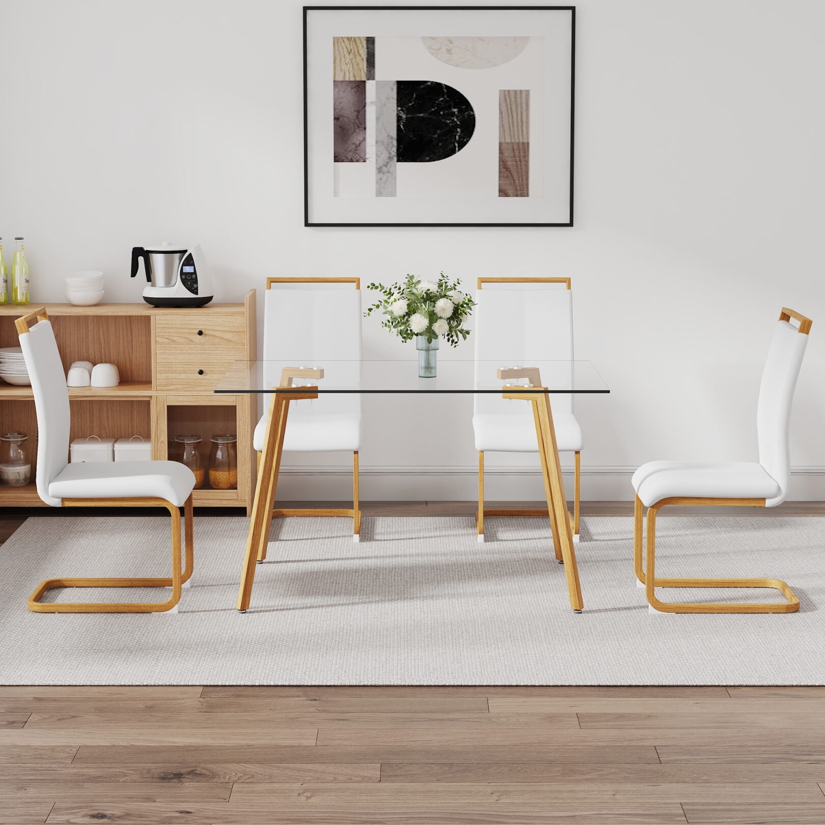 Dining Table and Chair Set, 1 Table with 4 White Chairs, Rectangular ...