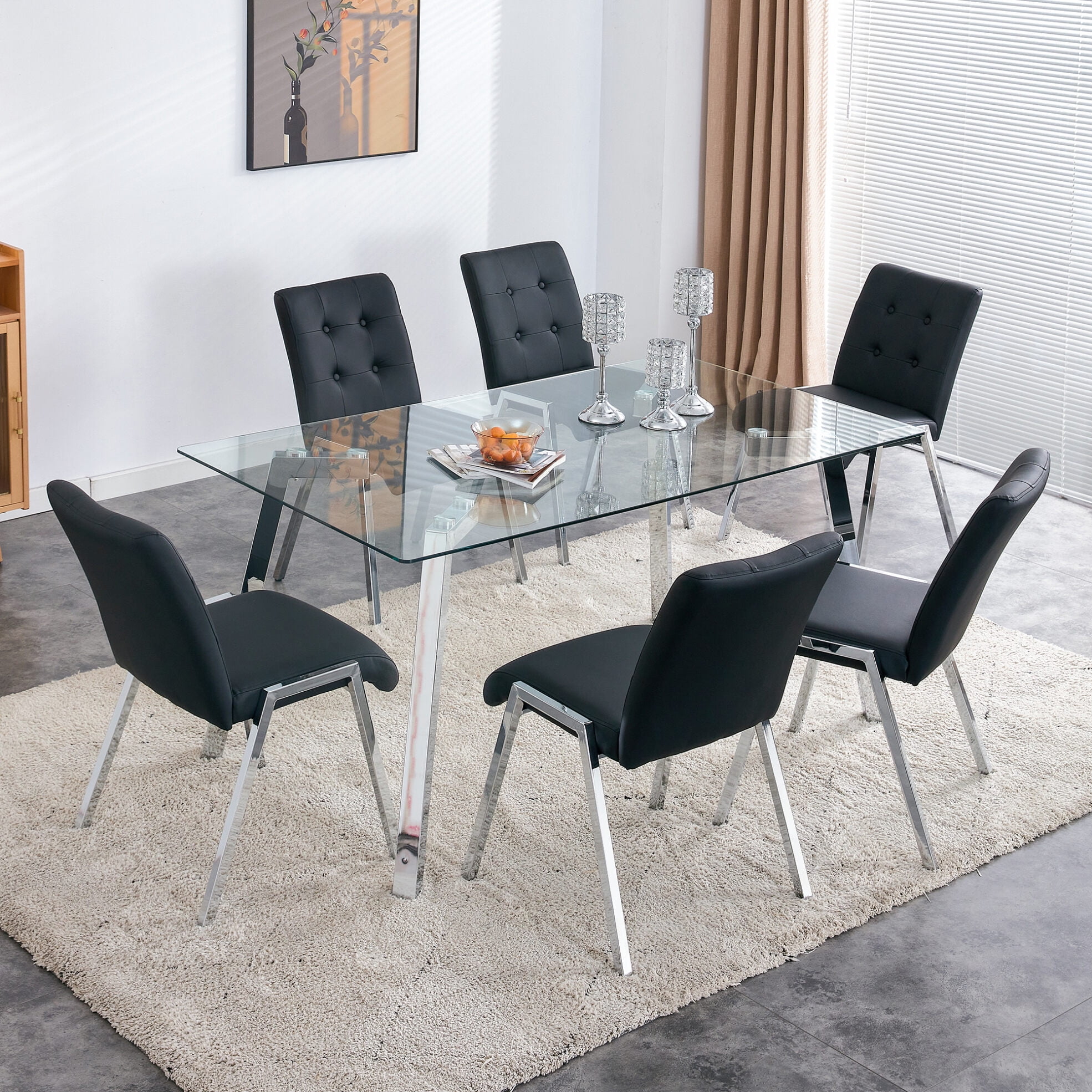 Dining Table and Chair Set, 1 Table with 6 Black Chairs, Rectangular ...