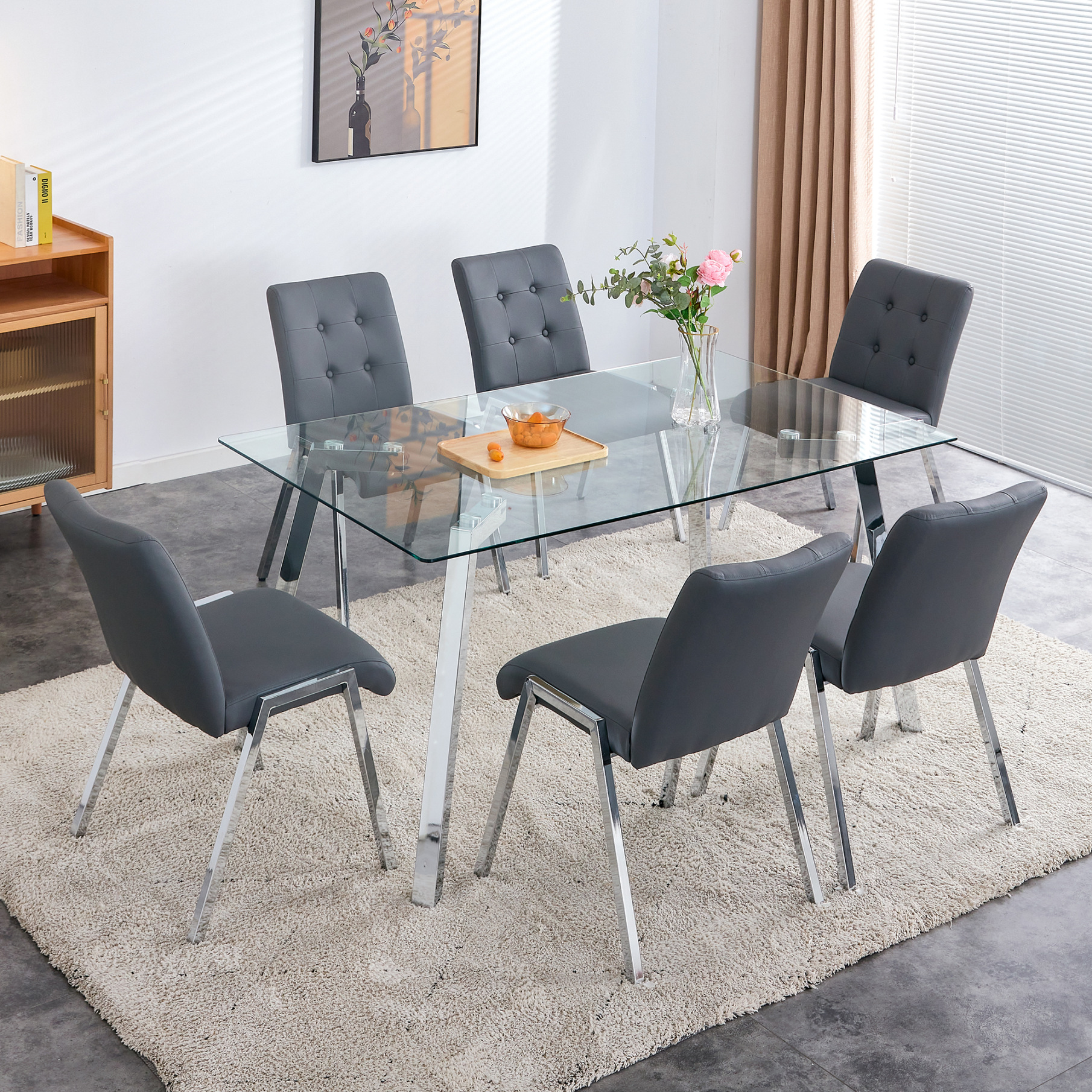 Dining Table and Chair Set, 1 Table with 6 Grey Chairs, Rectangular ...