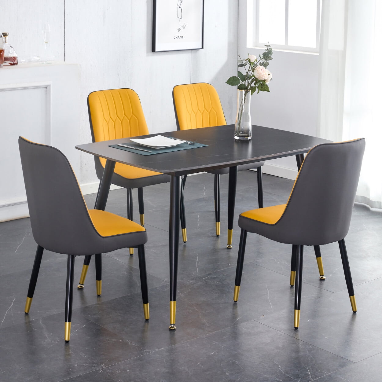 Dining Table and Chair Set, Black Rectangular Dining Table and 4 Yellow ...