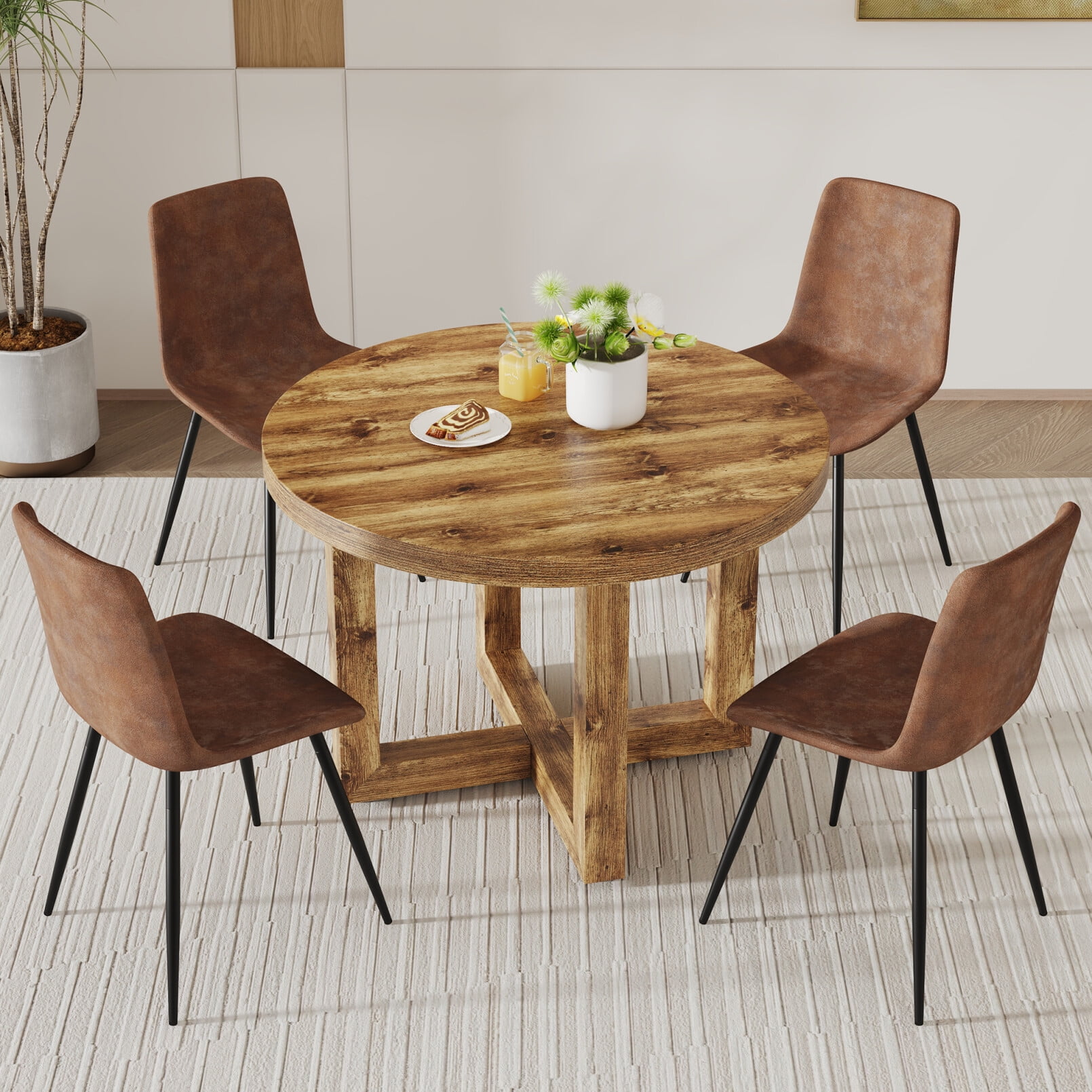Dining Table and Chair Set, Circular Wooden Dining Table and 4 Armless ...