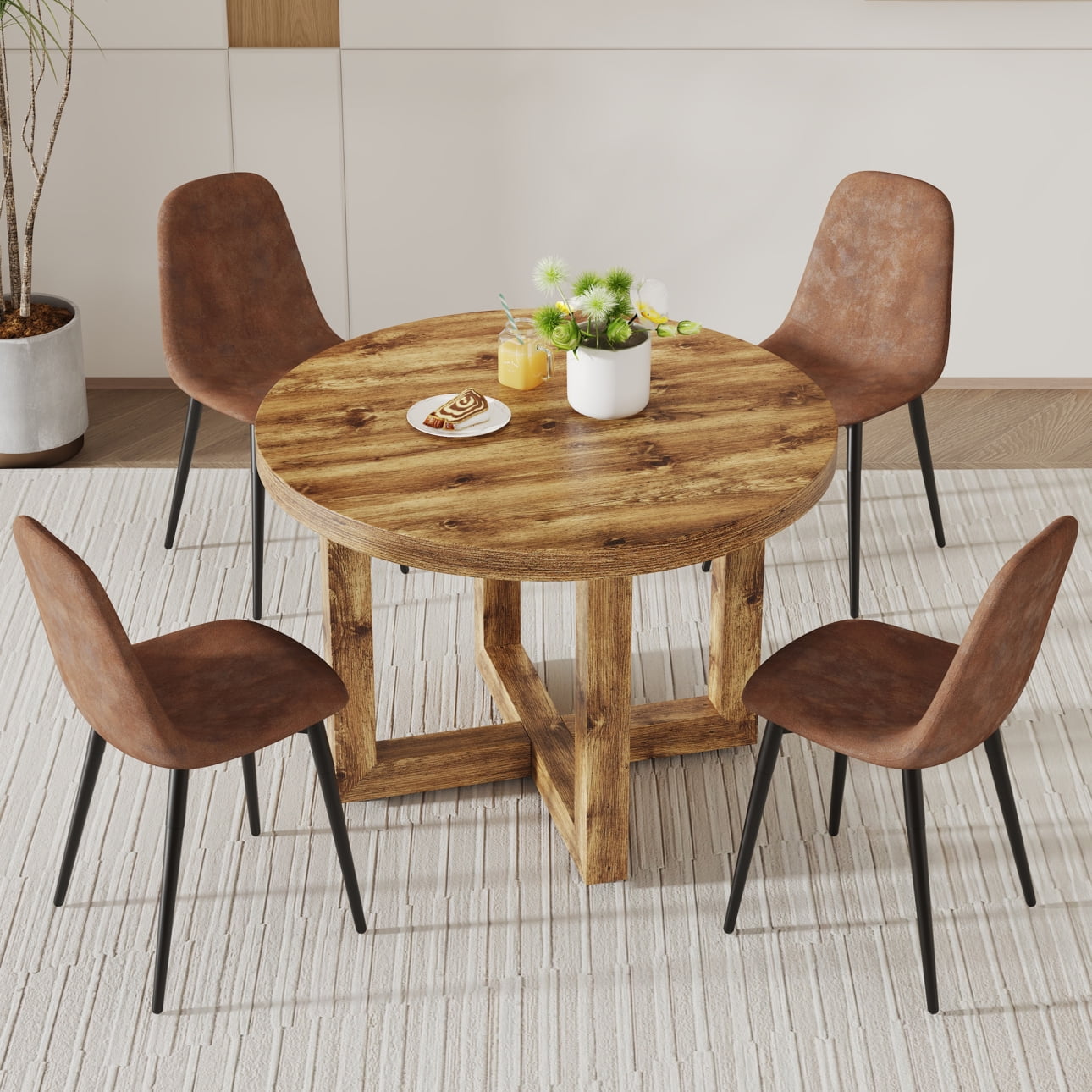 Dining Table and Chair Set, Circular Wooden Dining Table and 4 Spoon ...