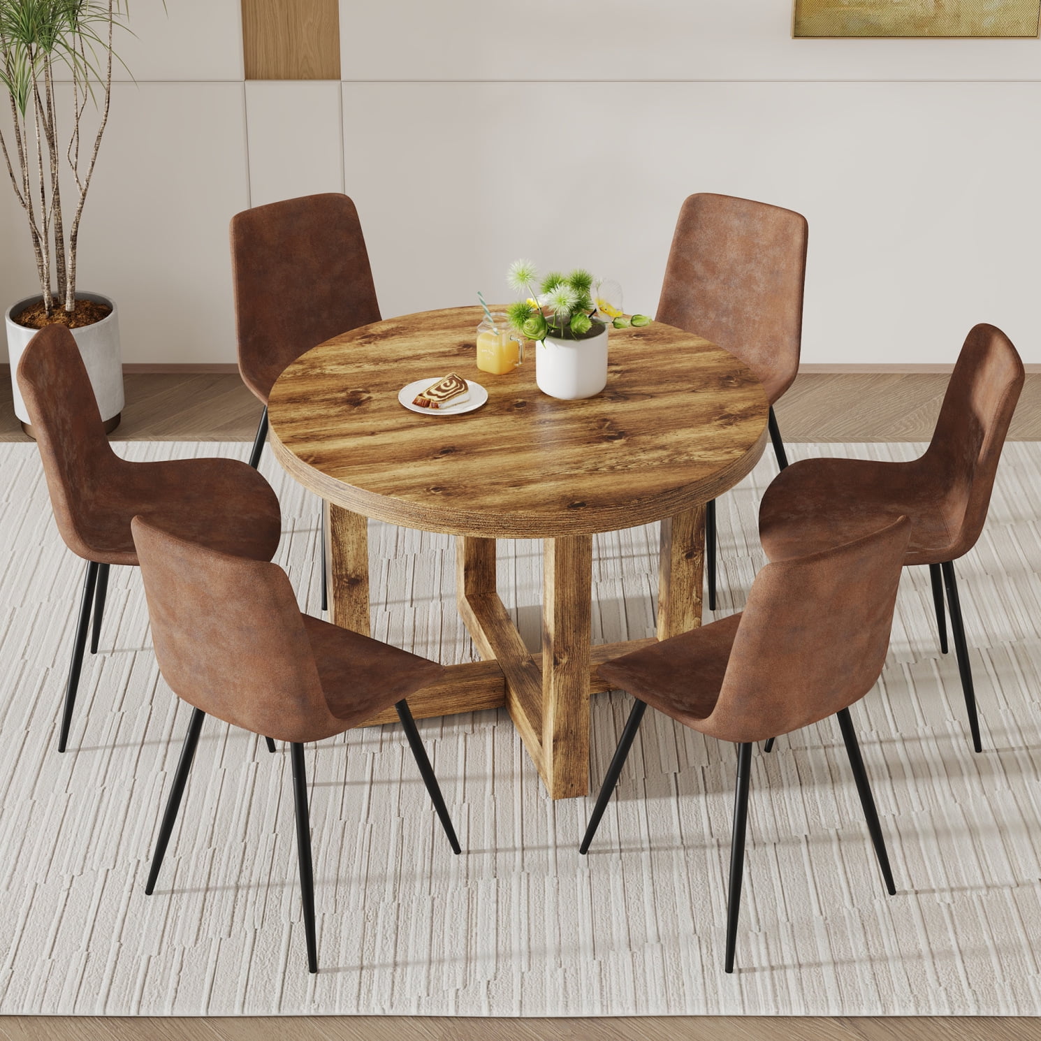 Dining Table and Chair Set, Circular Wooden Dining Table and 6 Armless ...