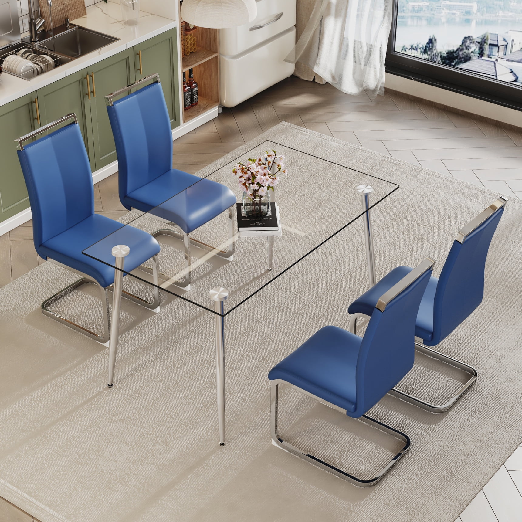 Dining Table and Chair Set, Rectangular Glass Dining Table and 4 ...