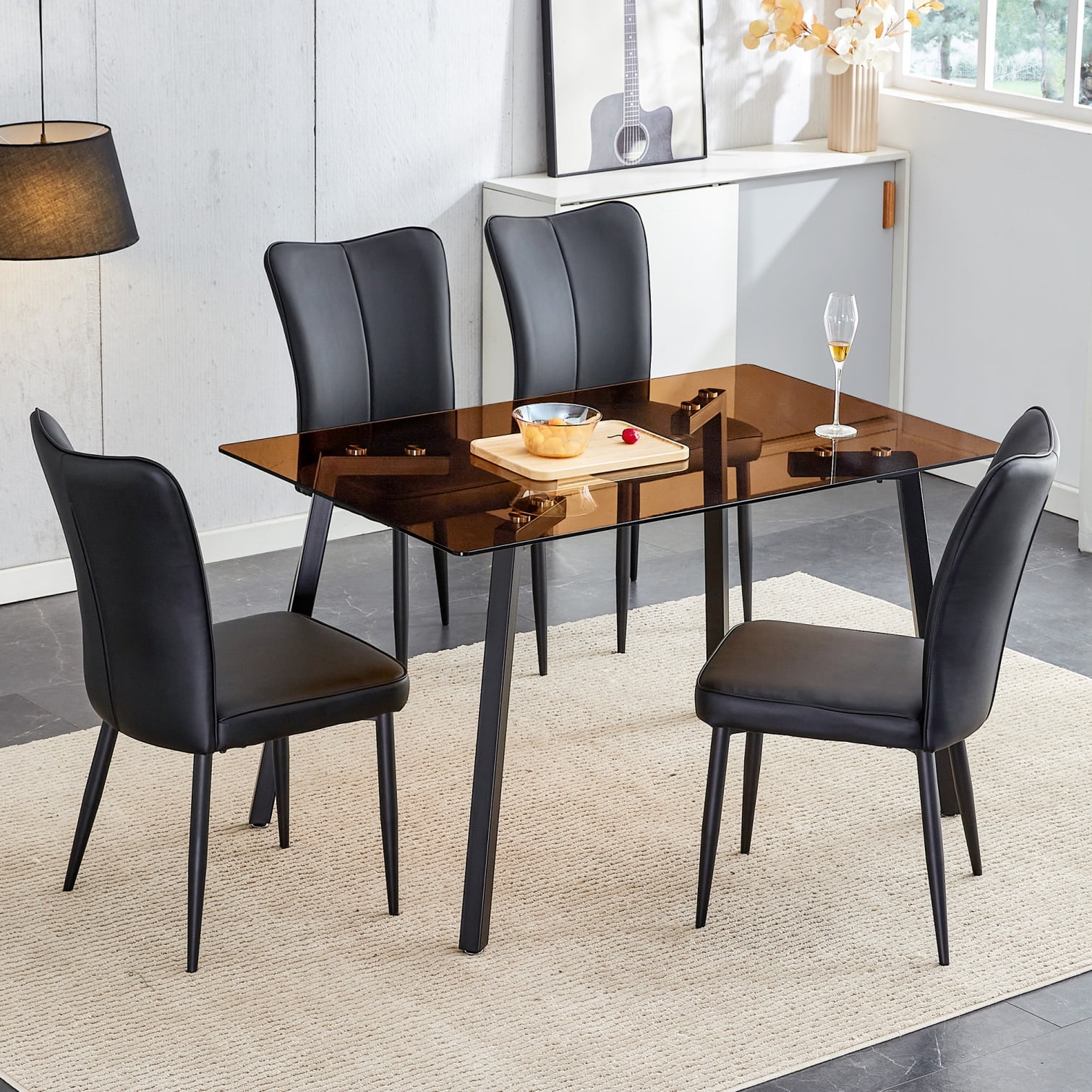 Dining Table and Chair Set, Rectangular Glass Dining Table and 4 ...