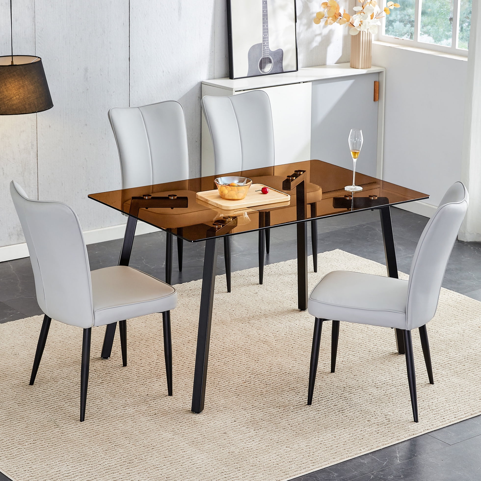 Dining Table and Chair Set, Rectangular Glass Dining Table and 4 ...