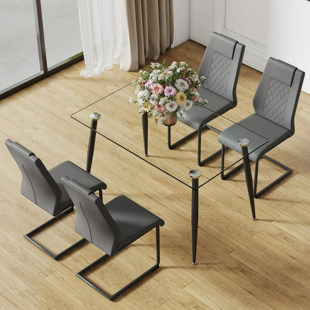 Dining Table and Chair Set, Rectangular Glass Dining Table and 4 ...