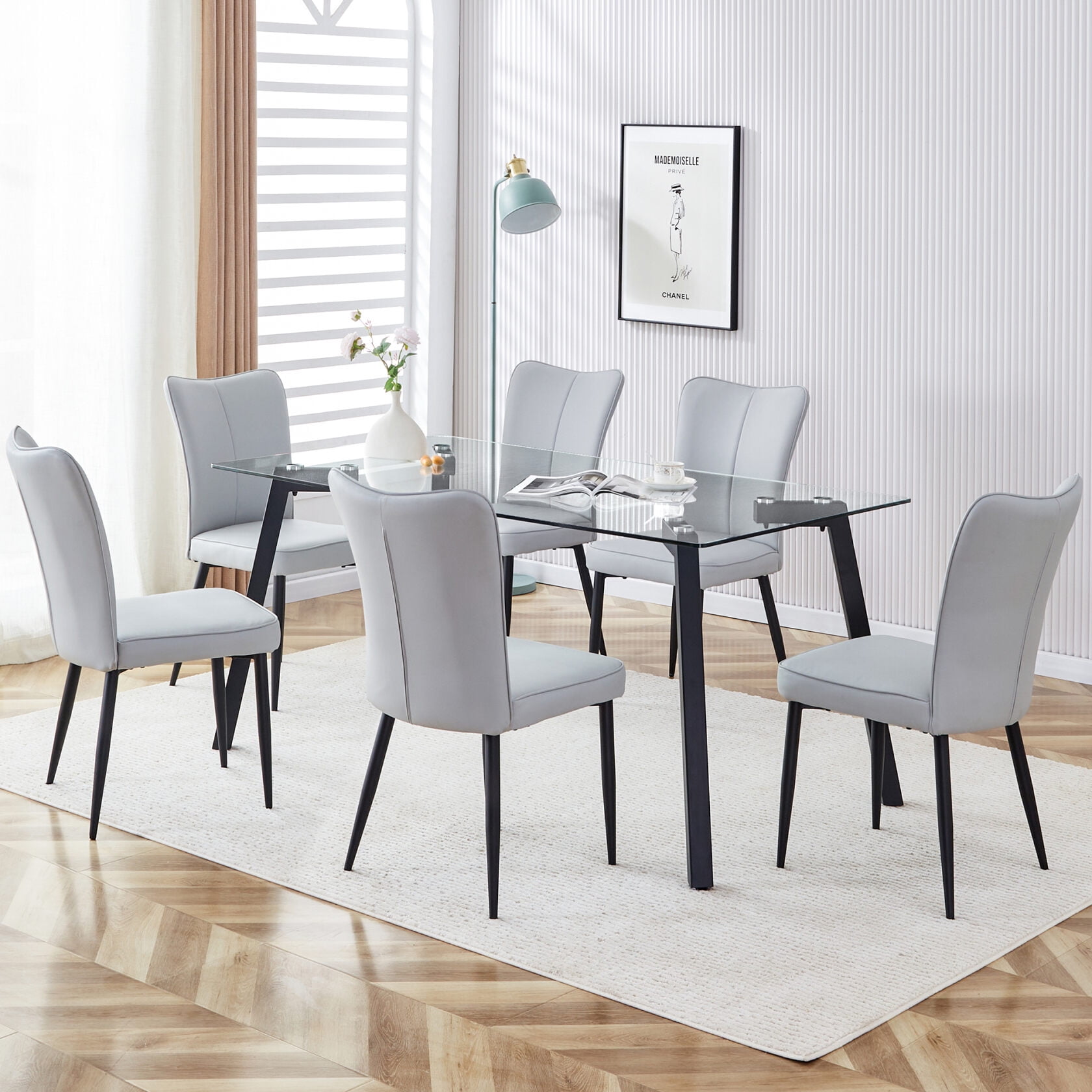 Dining Table and Chair Set, Rectangular Glass Dining Table and 6 ...