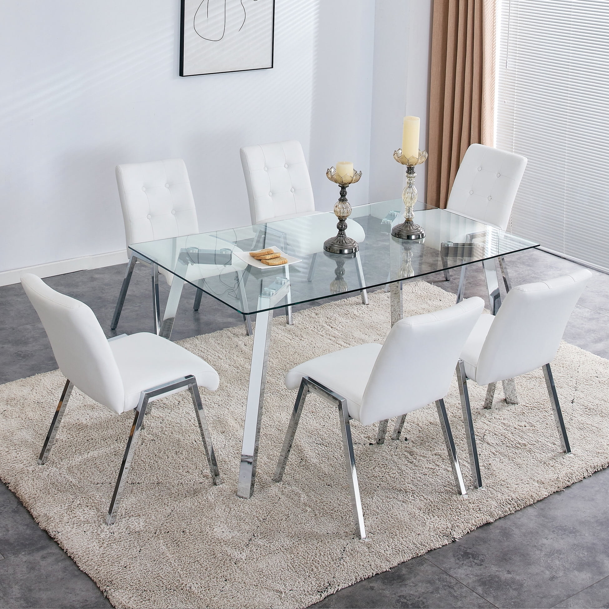 Dining Table and Chair Set, Rectangular Glass Dining Table and 6 ...