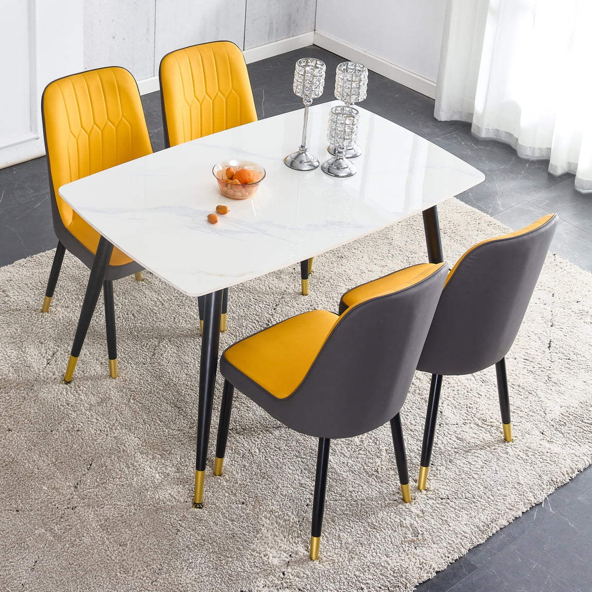 Dining Table and Chair Set, White Rectangular Dining Table and 4 Yellow ...