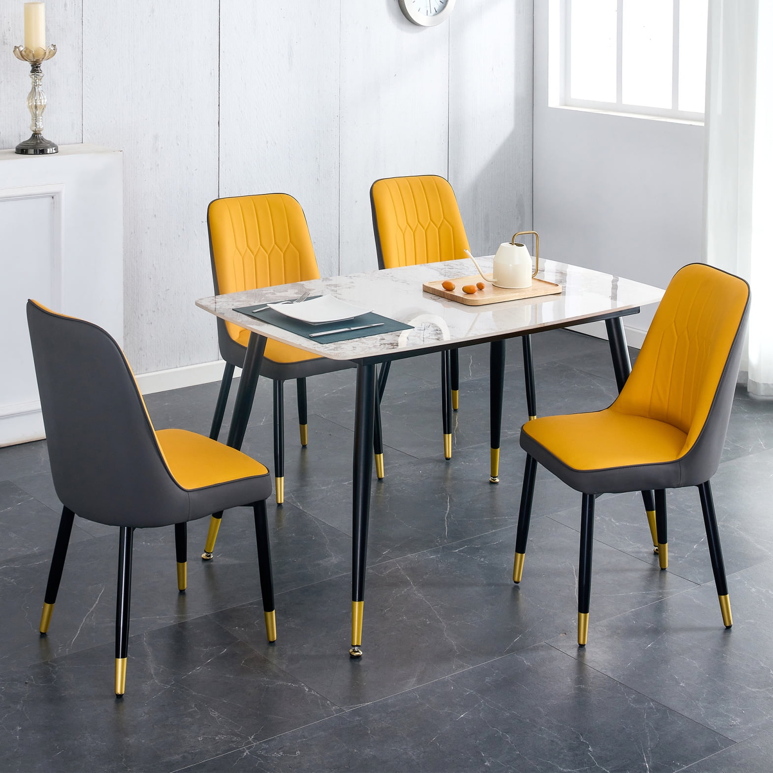 Dining Table and Chair Set, White Rectangular Dining Table and 4 Yellow ...