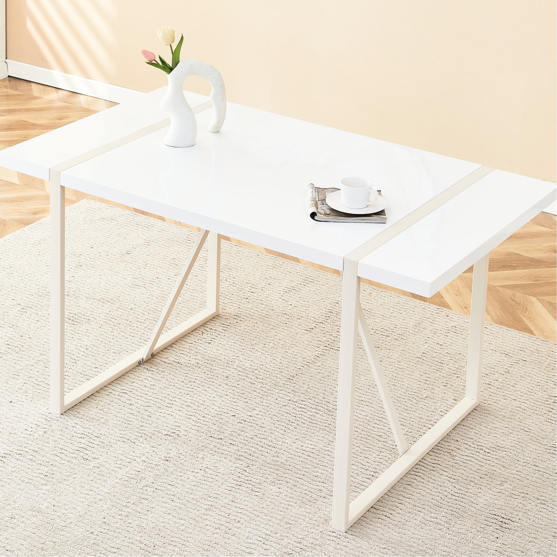 Dining Table In Cream, 1.5 Inch Thick Top For 4-6 Persons, White Metal ...