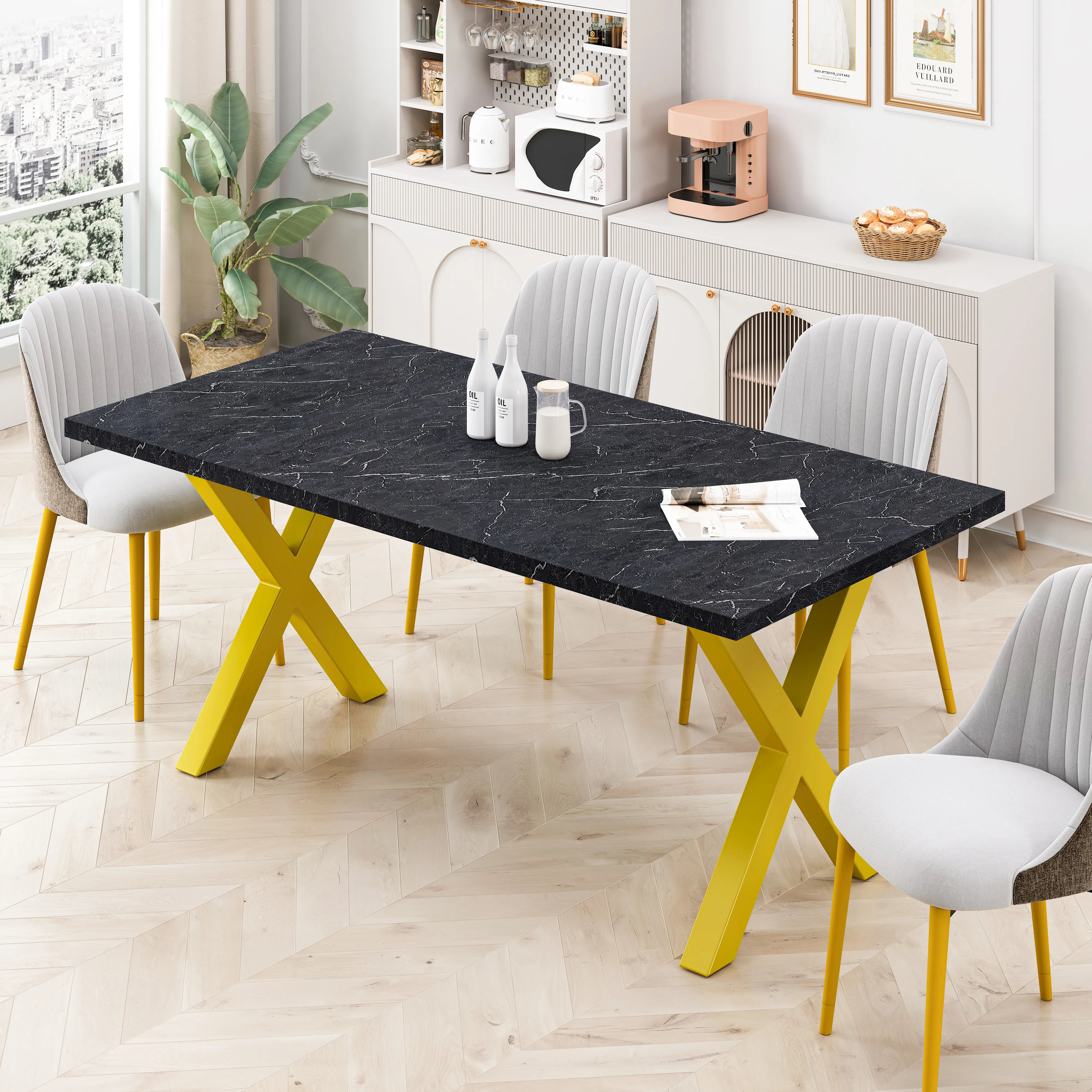Dining Table, Modern Kitchen Table Set Top with Slate, Metal Base ...