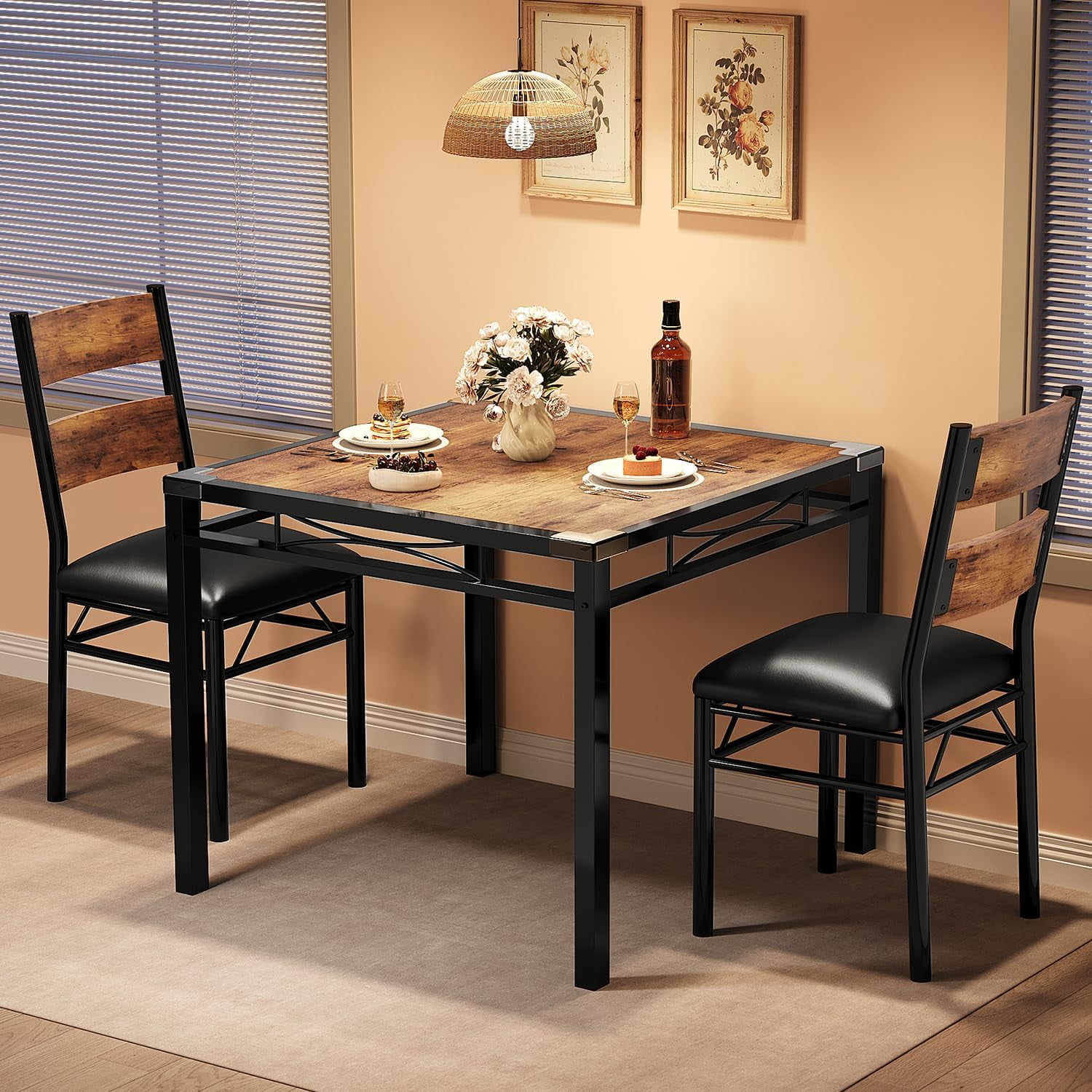 Dining Table Set for 2, Kitchen Table with 2 Upholstered Chairs, Wood 3 ...