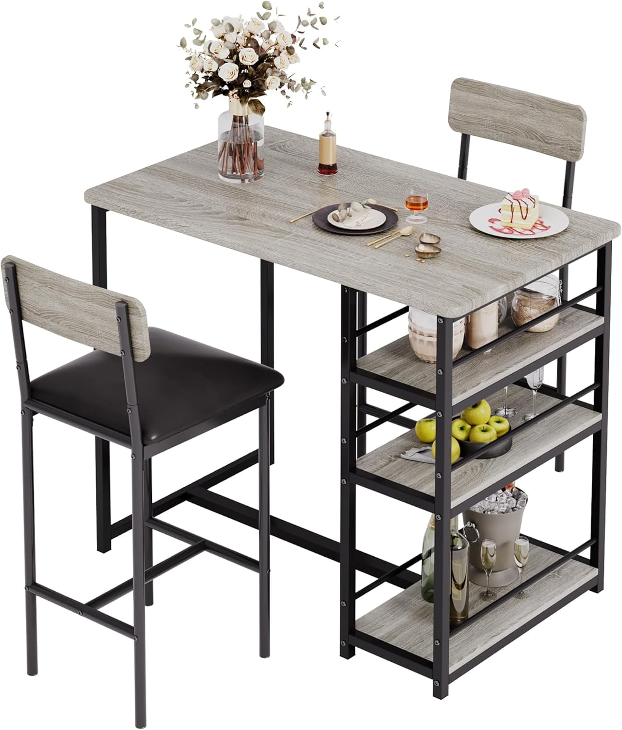 Dining Table Set for 2,Pub Table Set with 3 Storage Shelves, Kitchen ...