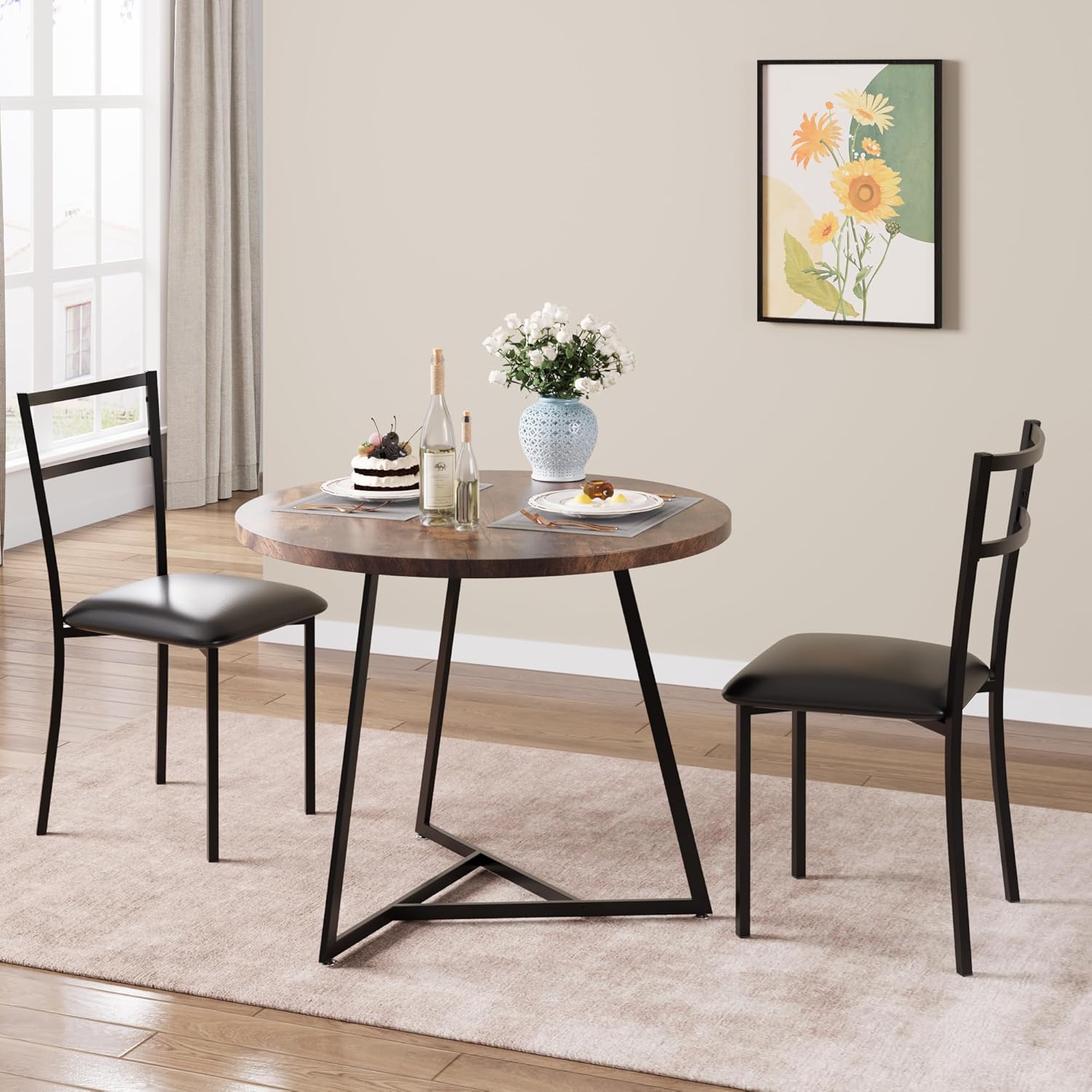 Dining Table Set for 2 - Round Kitchen Table and PU Padded Chairs for 2 ...