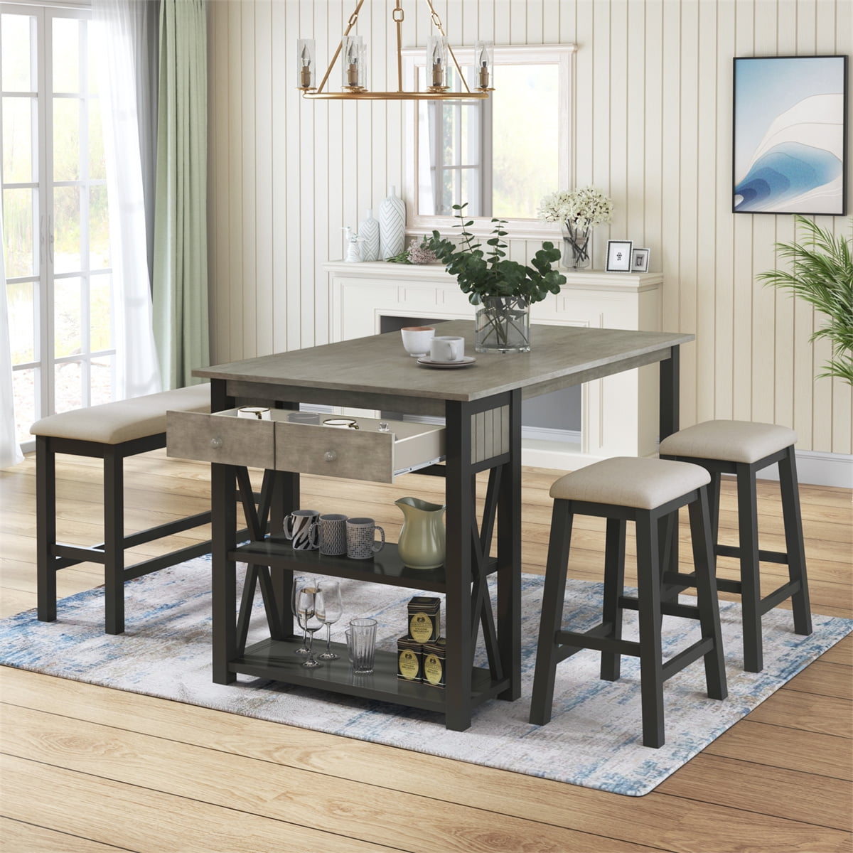 Dining Table Set with 2 Stools and Bench,Wood 4-Piece Kitchen Table Set ...