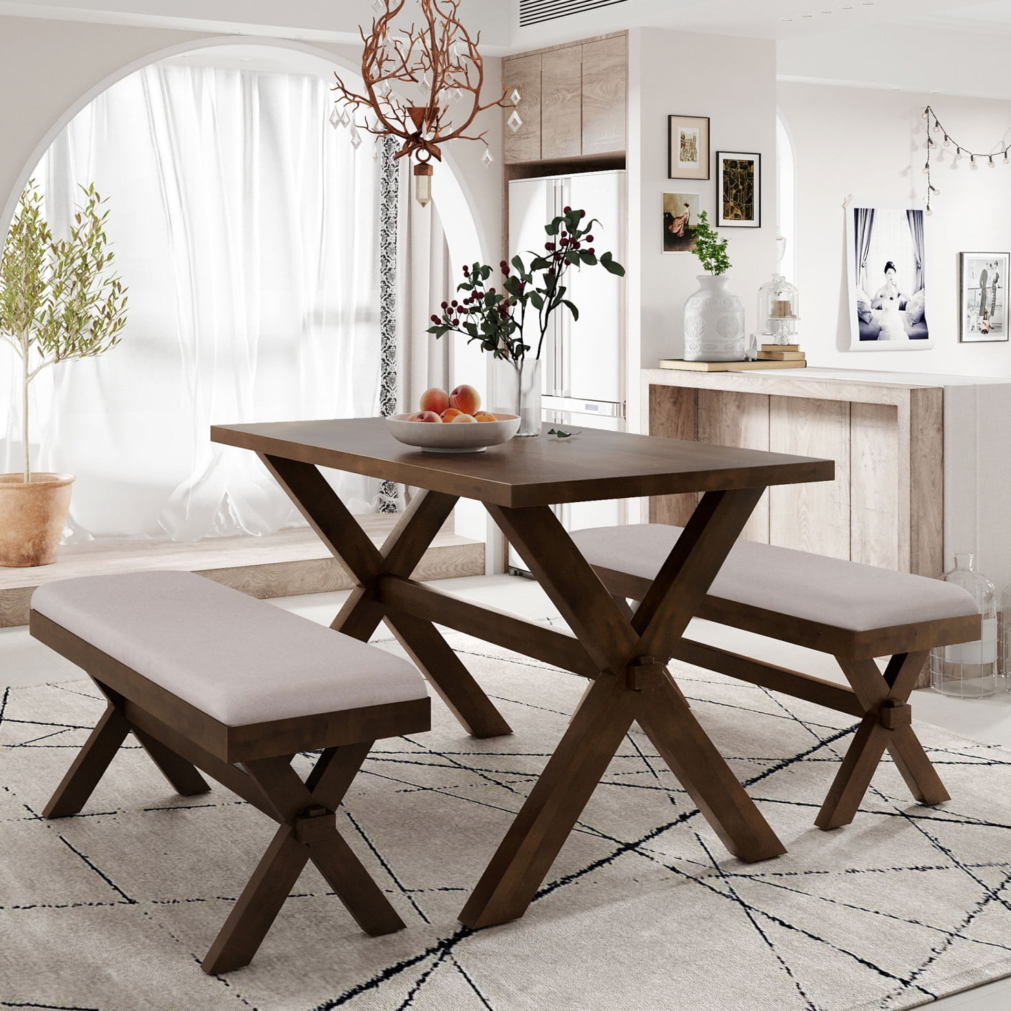Dining Table Set with 2 Upholstered Benches,3 Pieces Rustic Wood ...