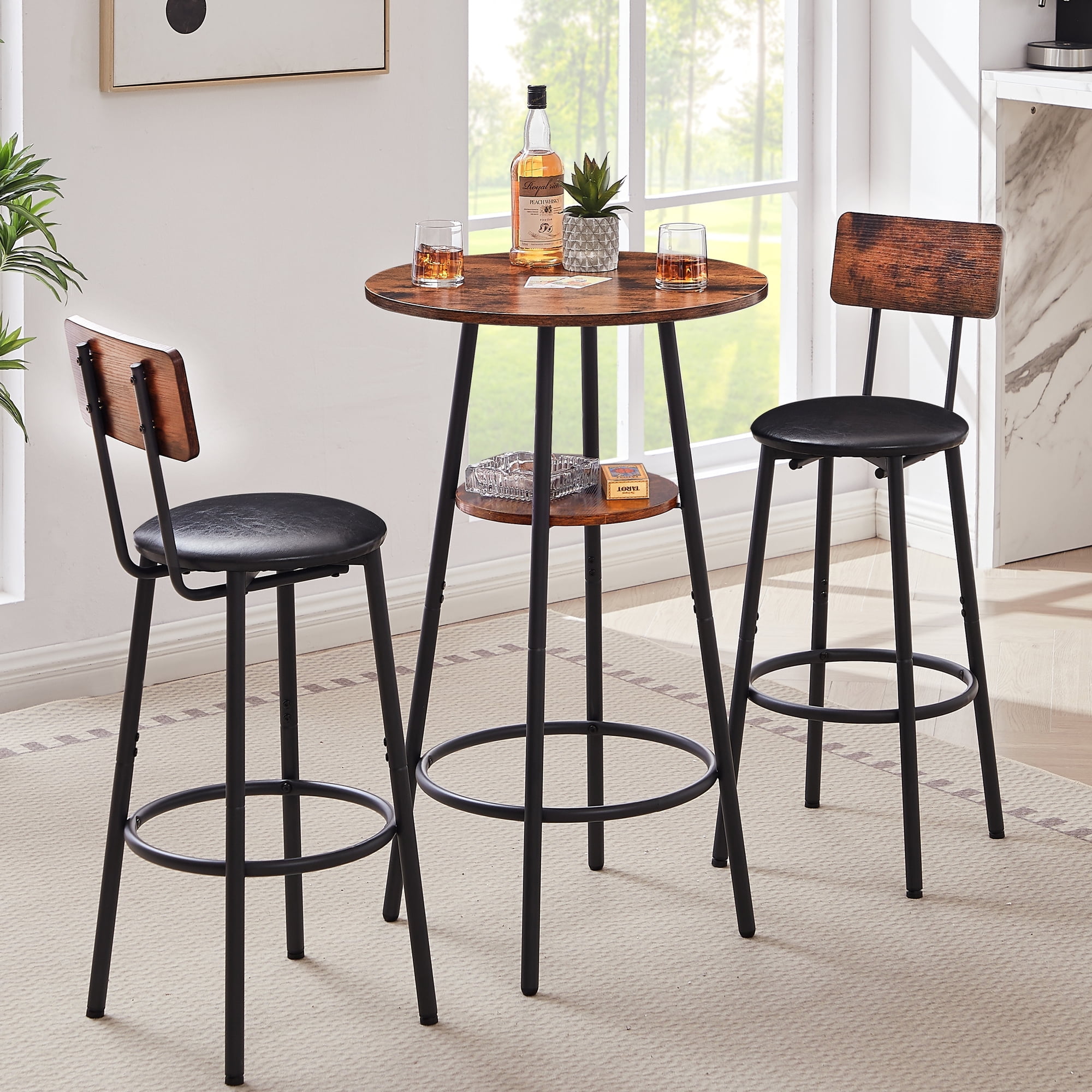 ENYOPRO Industrial 3-Piece Bar Table Set with 2 PU Cushion Chairs ...