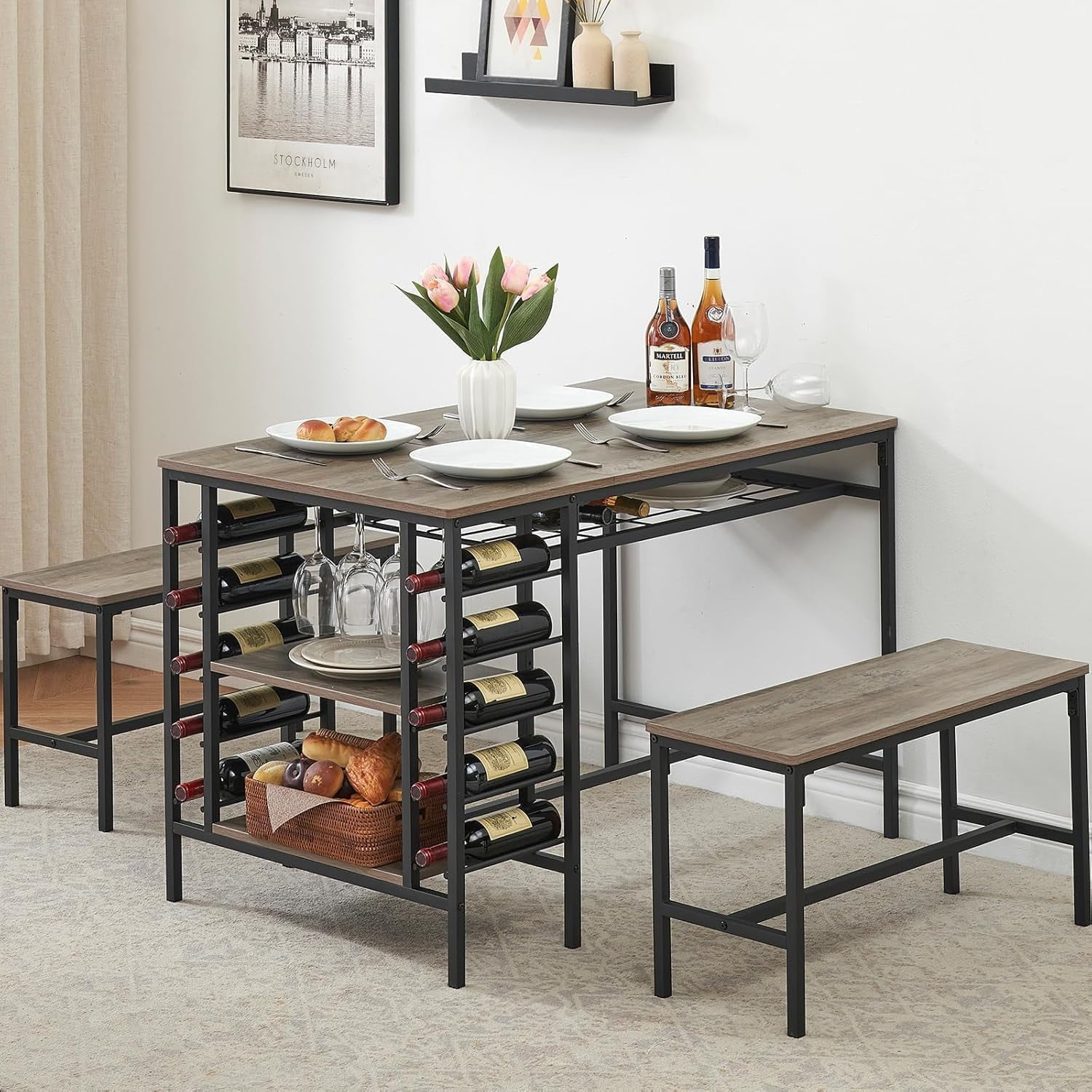 Dining Table Set for 4 with 2 Benches, Wine Rack & Storage Shelf -3 ...