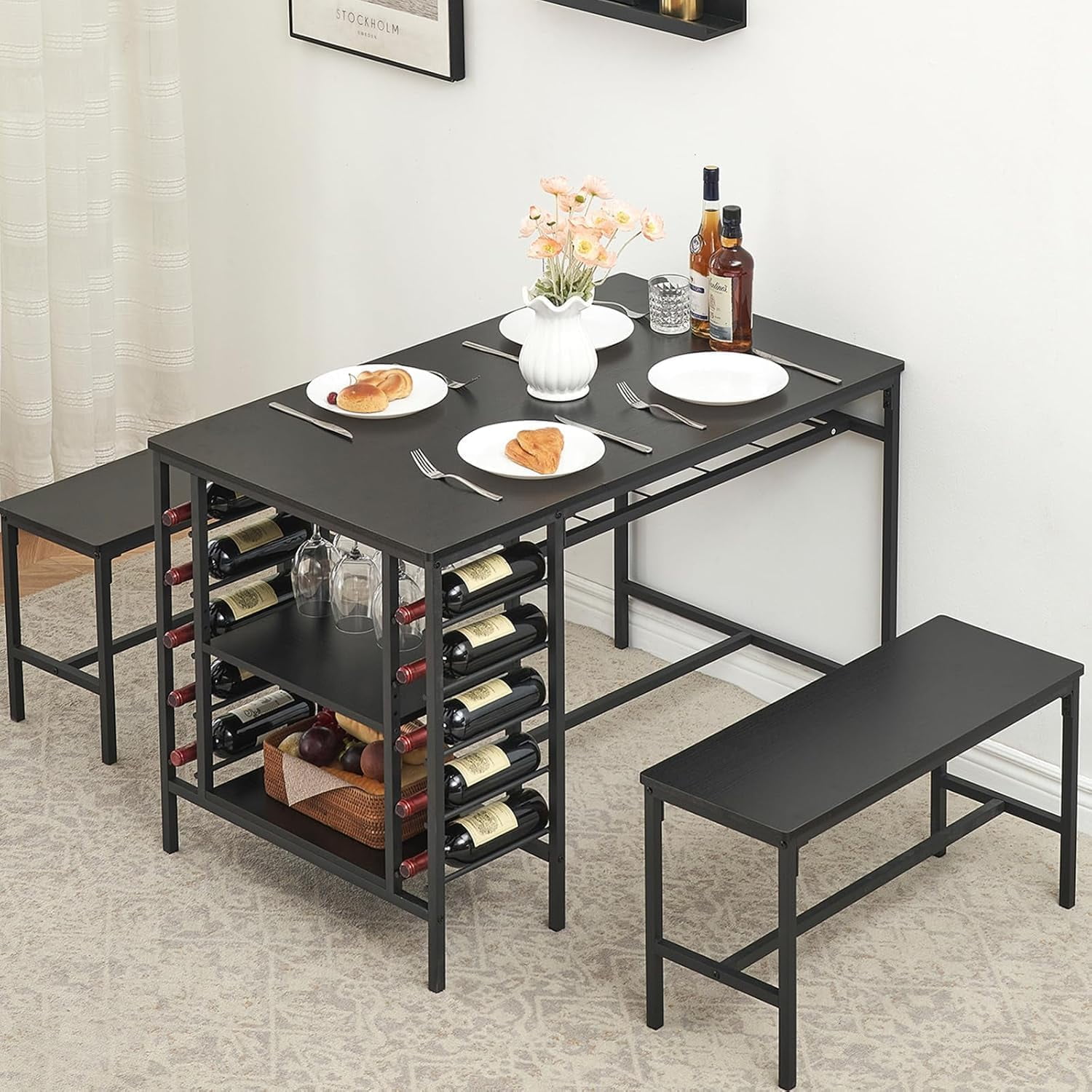 Dining Table Set for 4 with 2 Benches, Wine Rack & Storage Shelf -3 ...